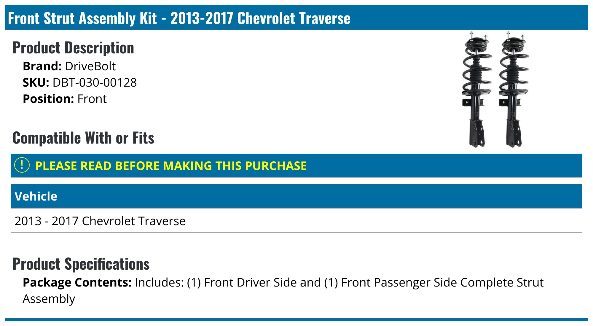 2013-2017 Chevrolet Traverse Strut Assembly - DriveBolt DBT-030-00128 ...