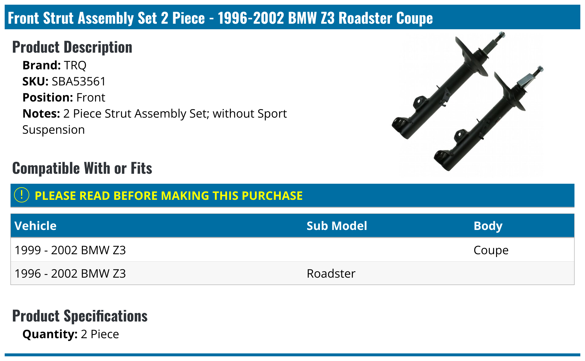 1996-2002 BMW Z3 Strut Assembly - TRQ SBA53561 - Front - PartsGeek.com