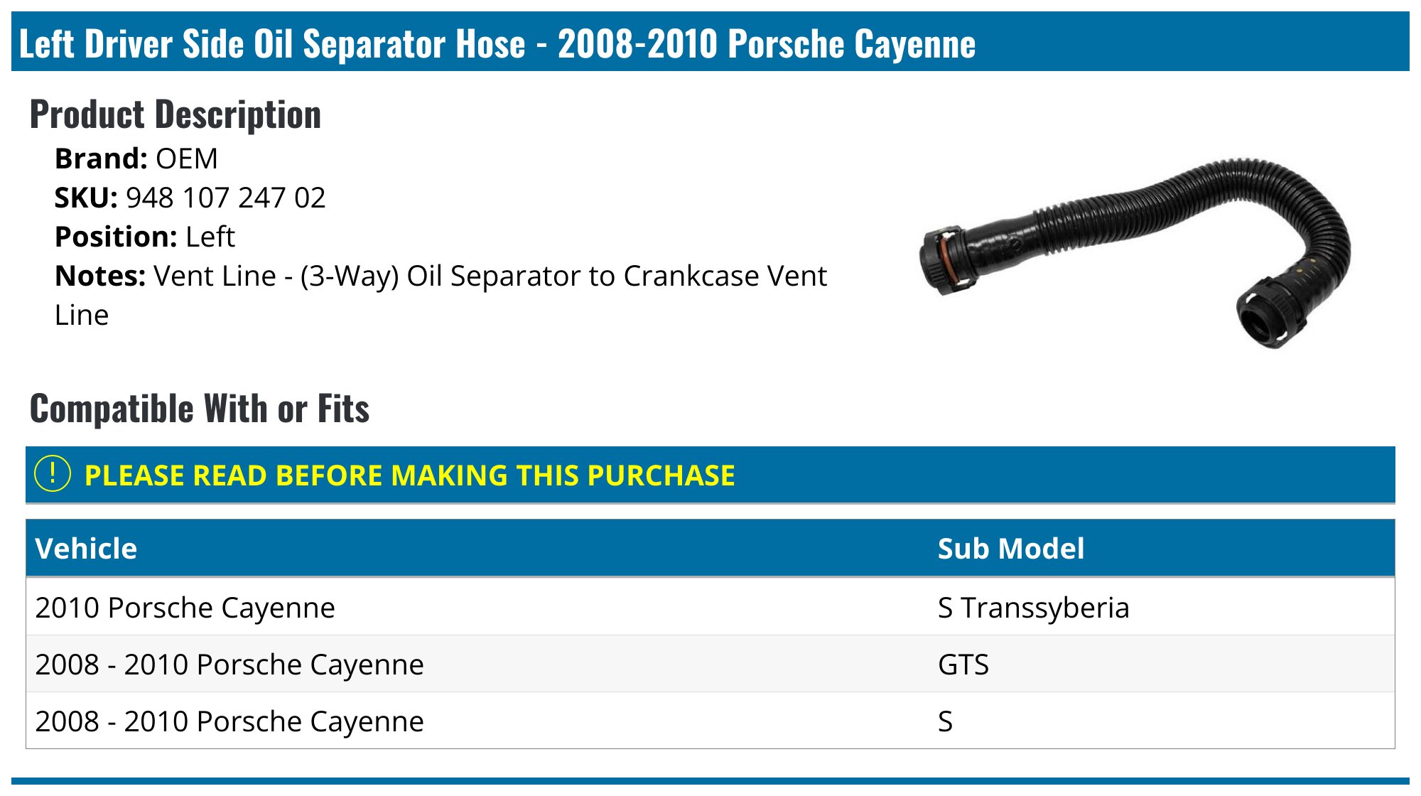 2008-2010 Porsche Cayenne Oil Separator Hose - OEM 948 107 247 02 ...