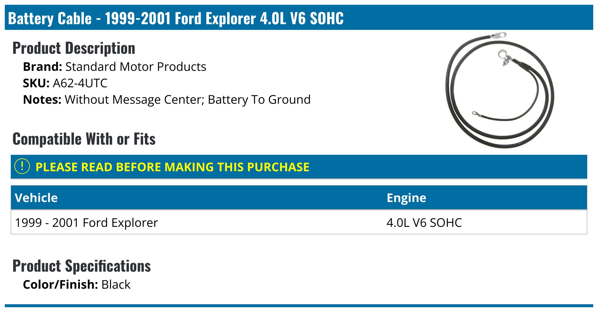 1999-2001 Ford Explorer Battery Cable - Standard Motor Products A624UTC ...