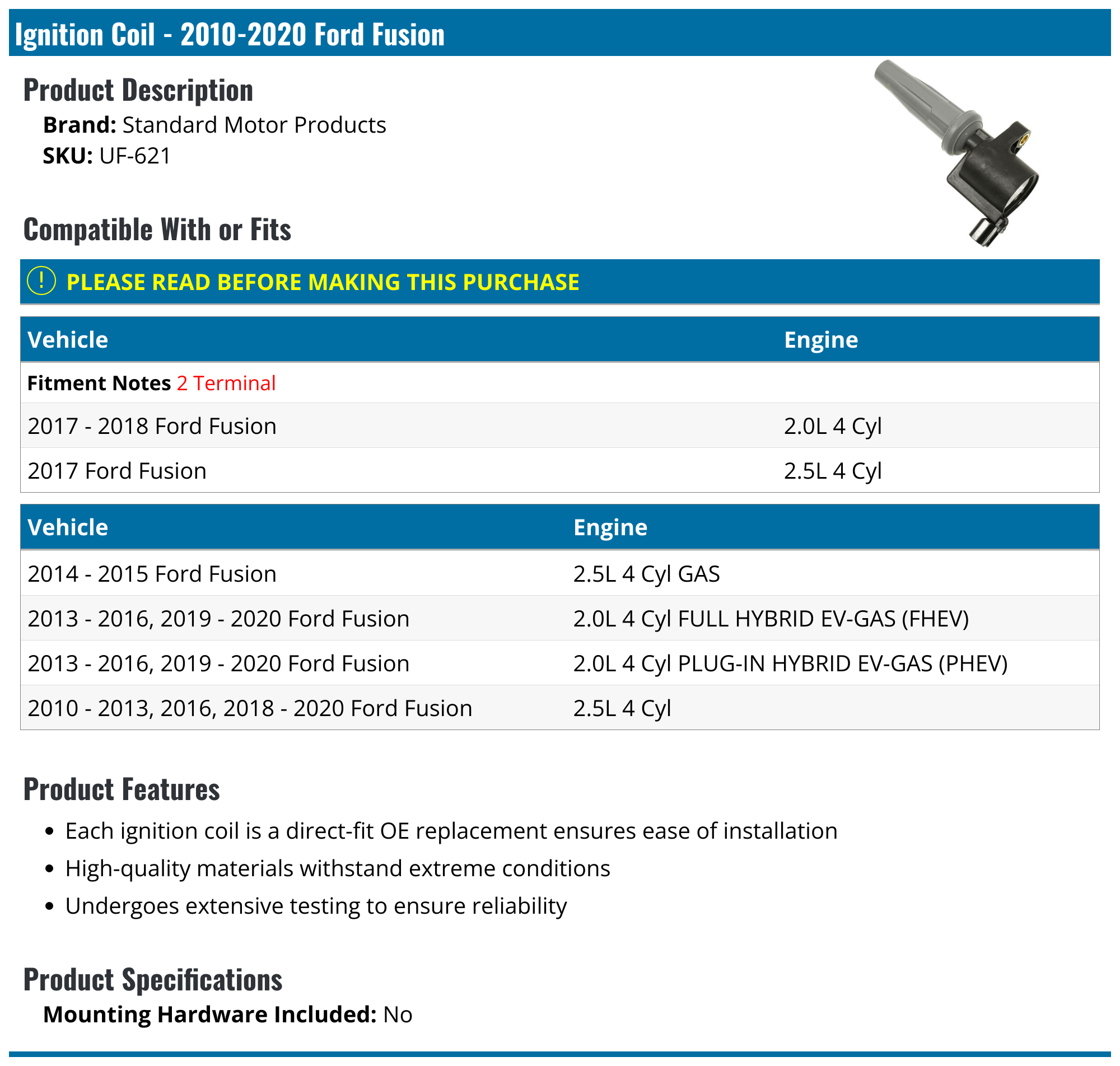 2010-2020 Ford Fusion Ignition Coil - Standard Motor Products UF-621 ...