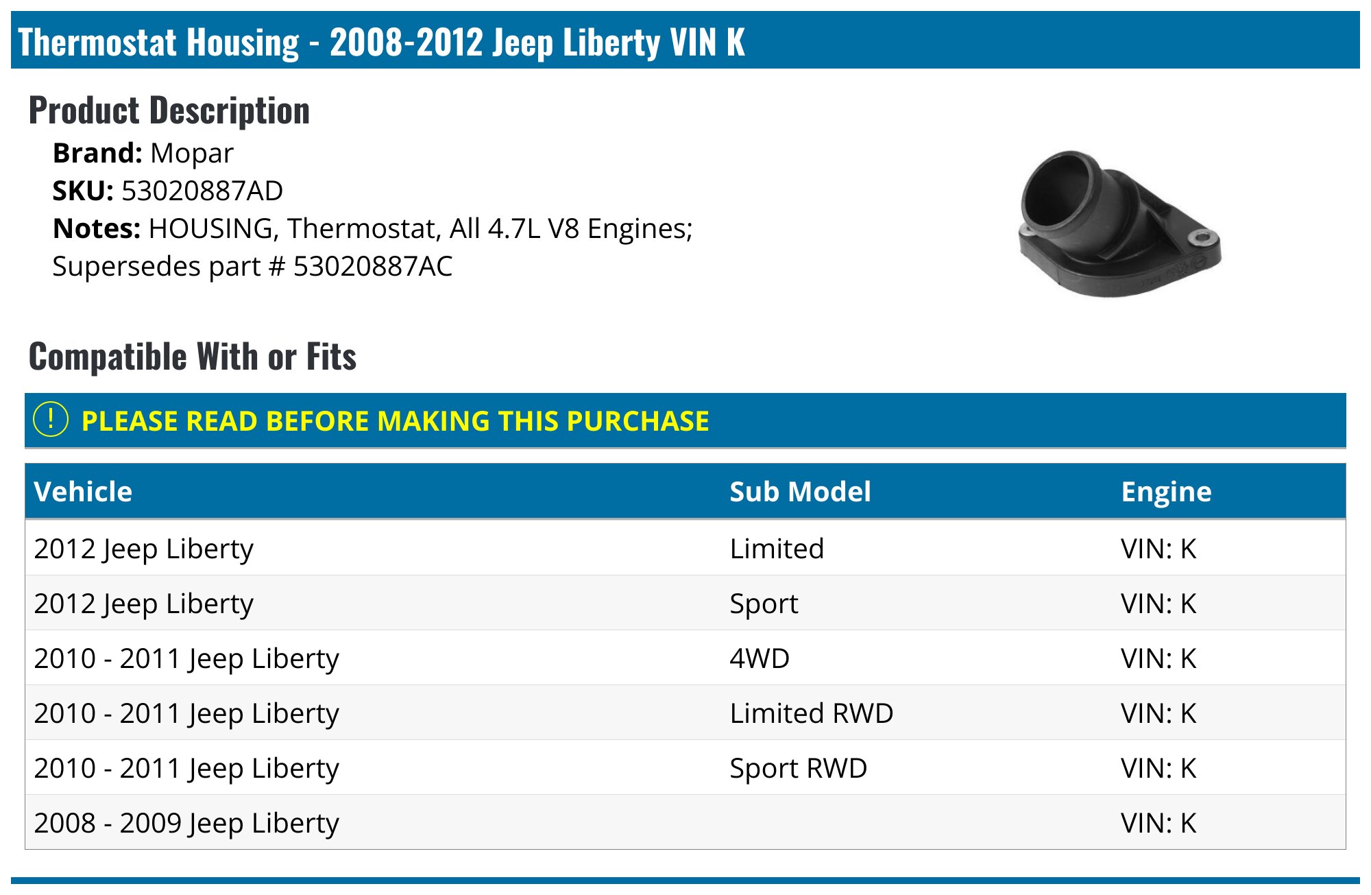 2008-2012 Jeep Liberty Thermostat Housing - Mopar 53020887AD ...