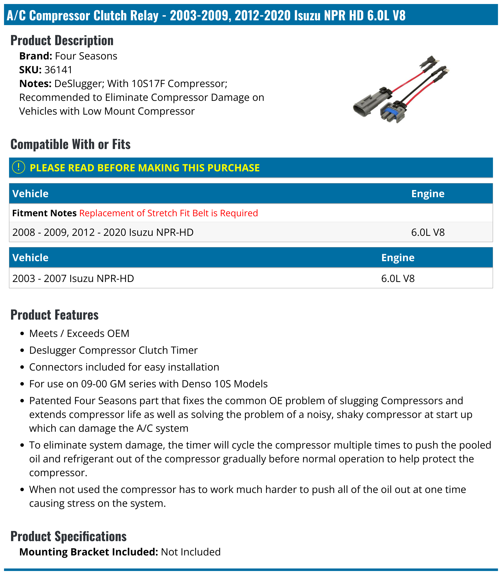 2003-2009, 2012-2025 Isuzu NPR HD A/C Compressor Clutch Relay - Four ...