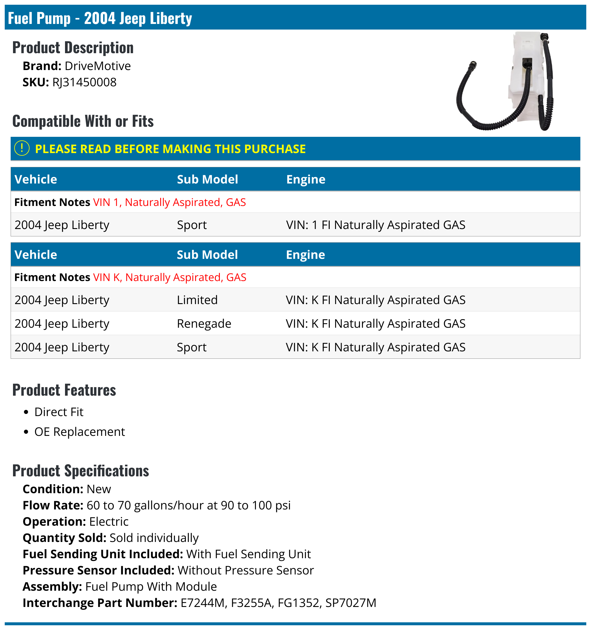 2004 Jeep Liberty Fuel Pump - DriveMotive RJ31450008 - PartsGeek.com