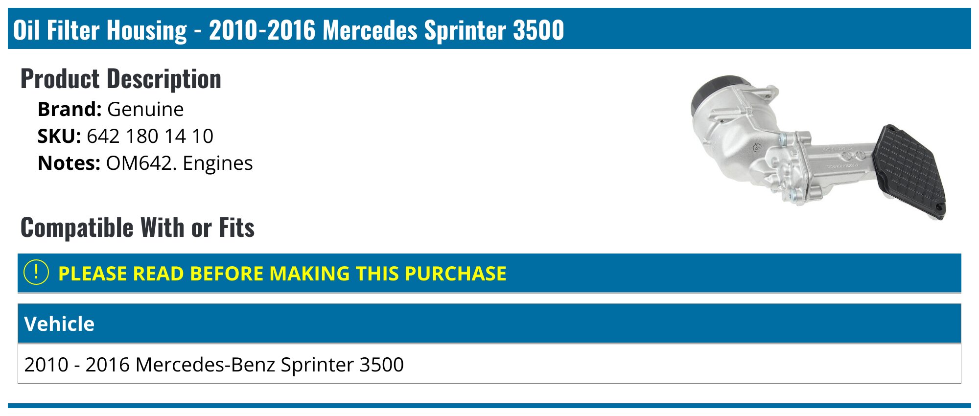2010-2016 Mercedes Sprinter 3500 Oil Filter Housing - Genuine 642 180 ...