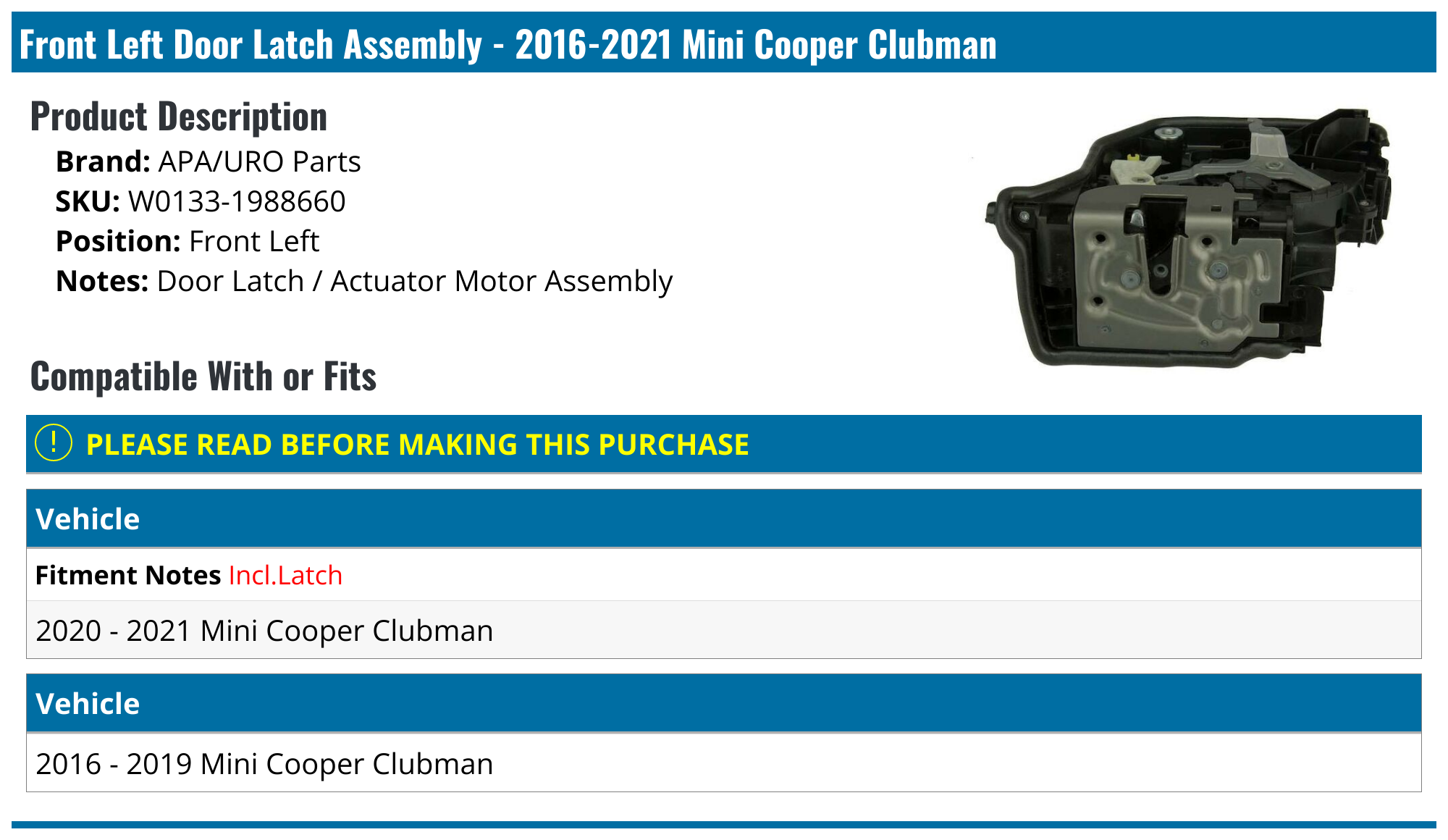 2016-2024 Mini Cooper Clubman Door Latch Assembly - APA/URO Parts W0133 ...