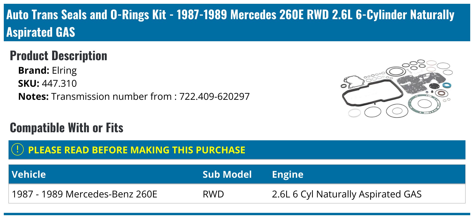 1987-1989 Mercedes 260E Auto Trans Seals and O-Rings Kit - Elring 447. ...