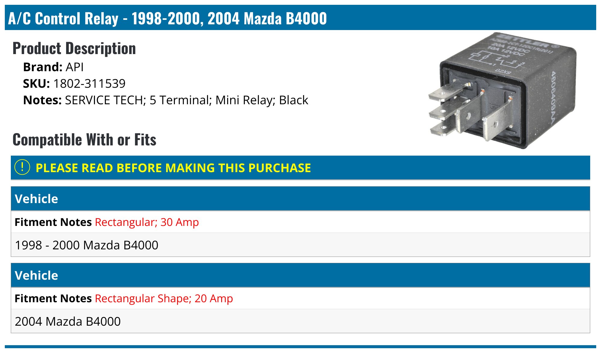 1998-2000, 2004 Mazda B4000 A/C Control Relay - API 17705-07696334 ...