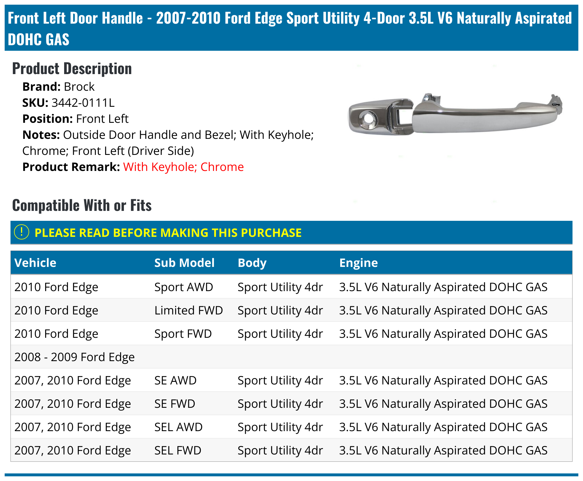 2007-2010 Ford Edge Door Handle - Brock 3442-0111L - Front Left ...