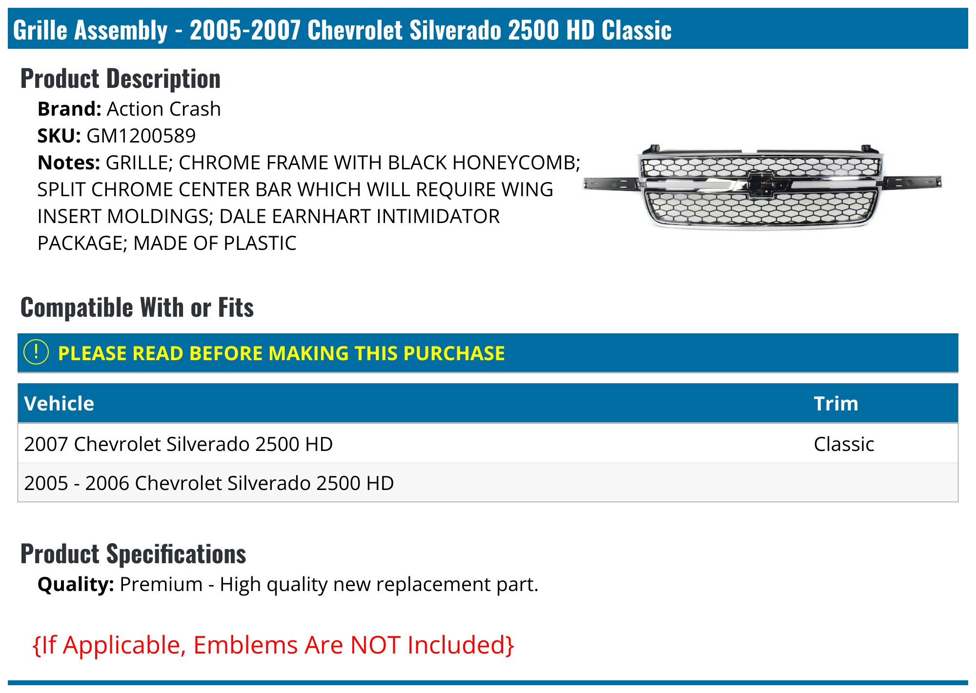 2005-2007 Chevrolet Silverado 2500 HD Grille Assembly - Action Crash ...
