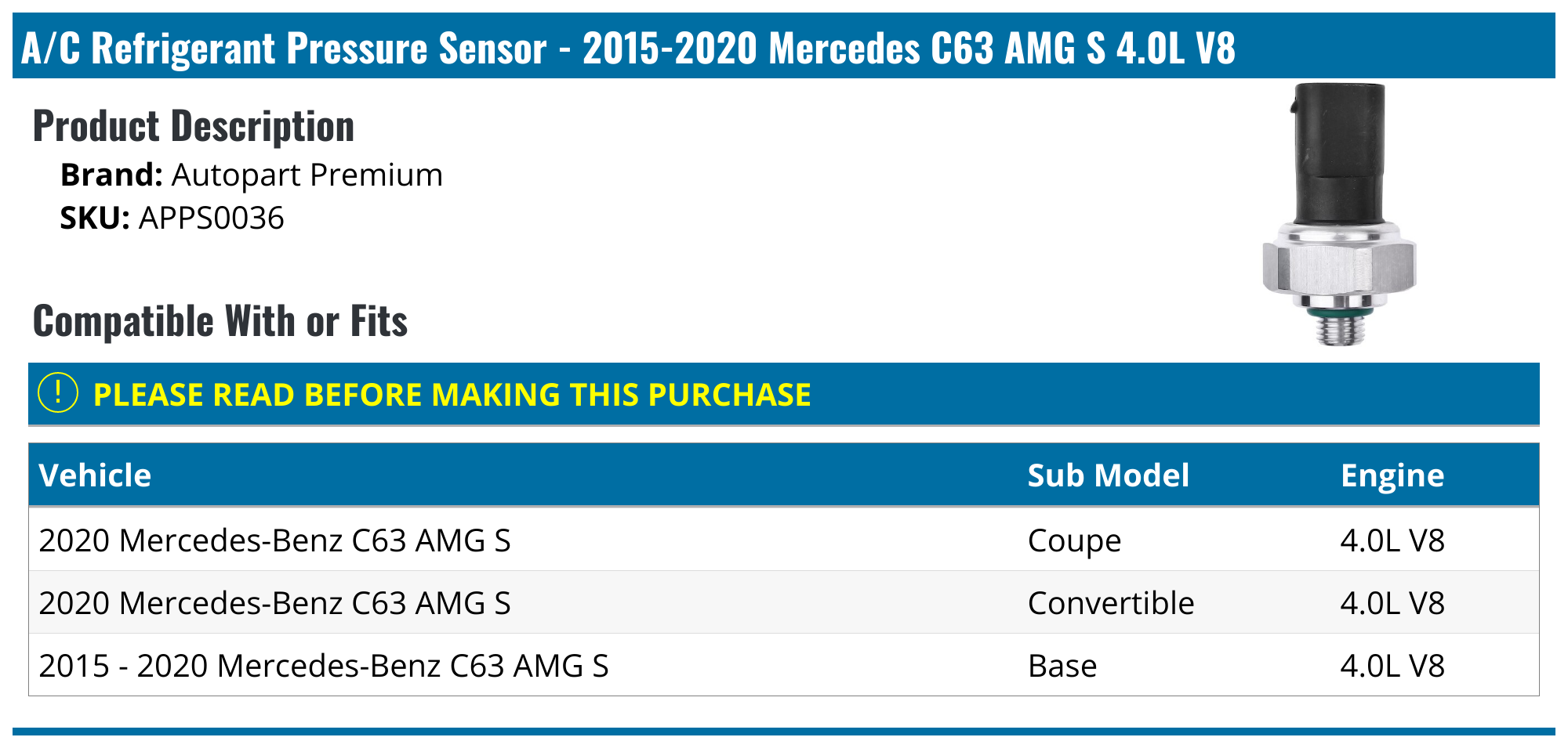 2015-2020 Mercedes C63 AMG S A/C Refrigerant Pressure Sensor - Autopart ...