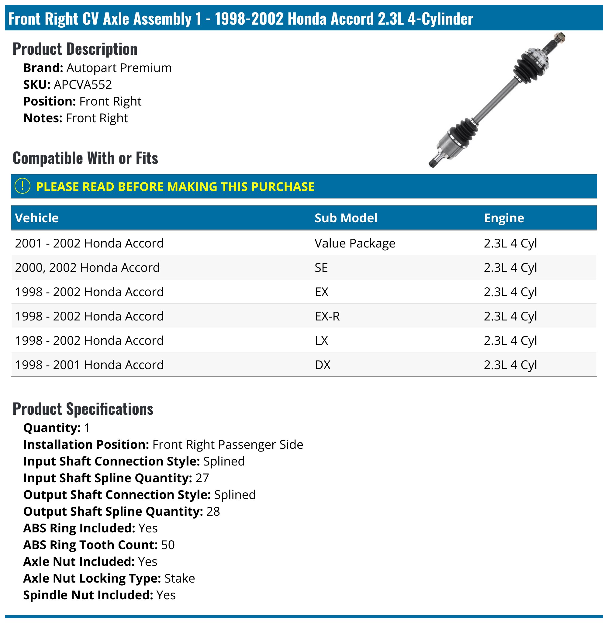 1998-2002 Honda Accord Axle Assembly - Autopart Premium APCVA552 ...