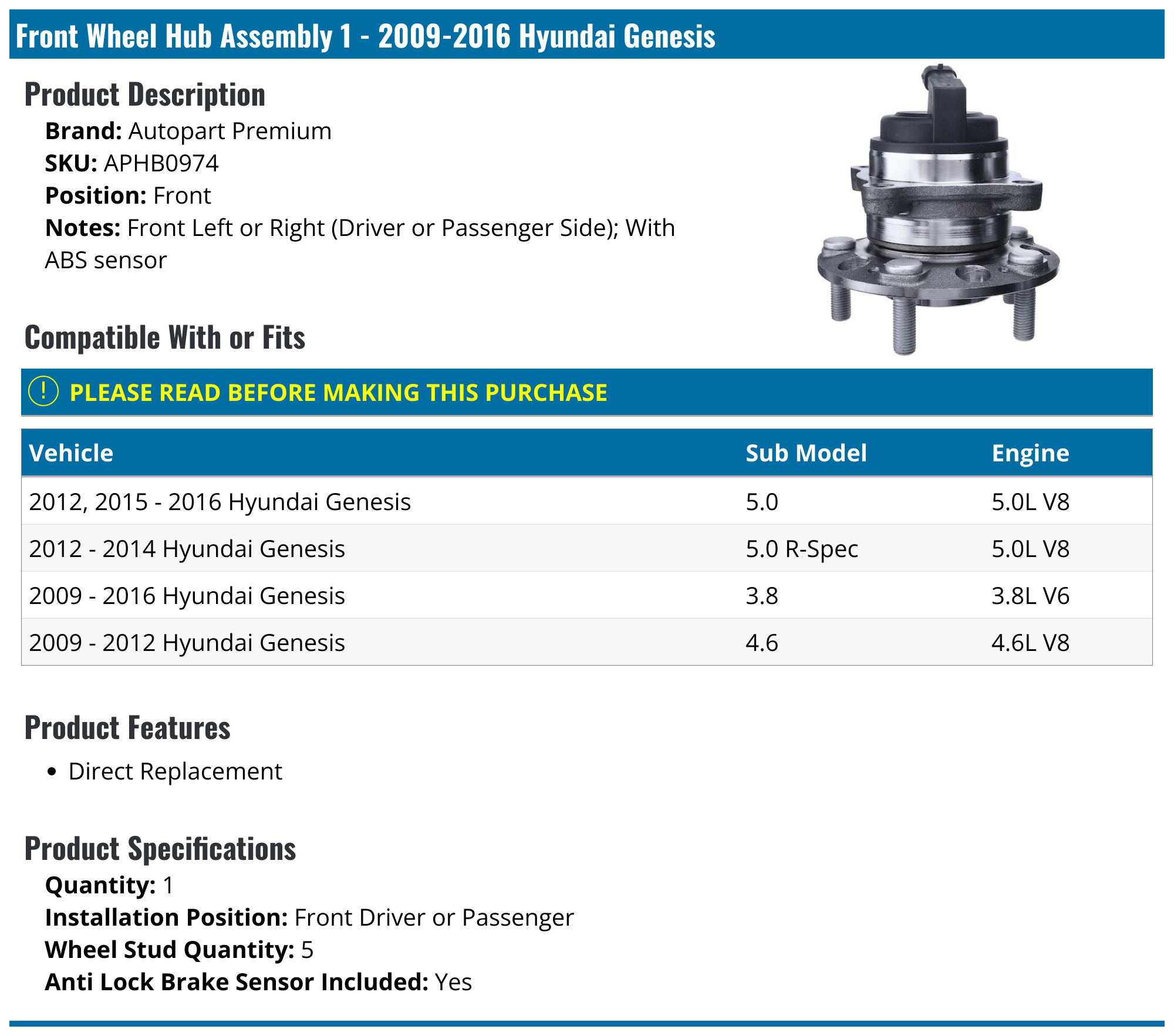 2009-2016 Hyundai Genesis Wheel Hub Assembly - Autopart Premium ...