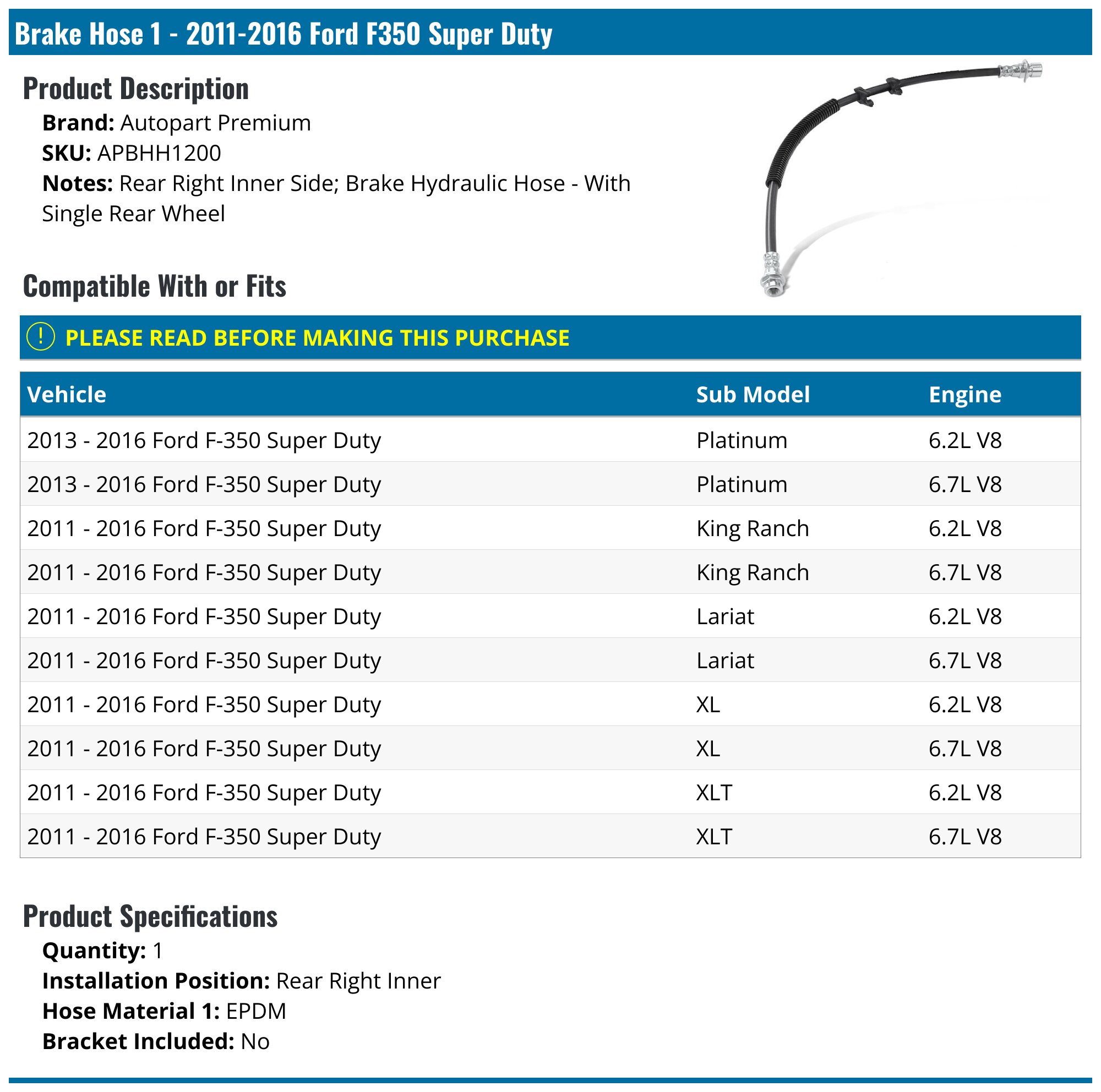 2011-2016 Ford F350 Super Duty Brake Hose - Autopart Premium APBHH1200 ...