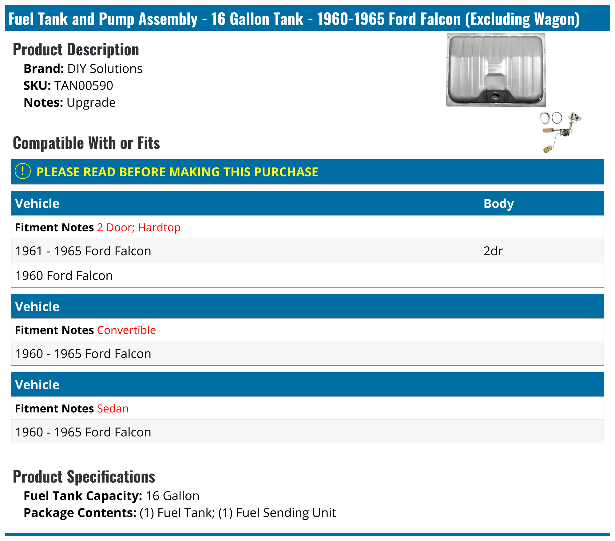 1960-1965 Ford Falcon Fuel Tank - DIY Solutions TAN00590 - PartsGeek.com