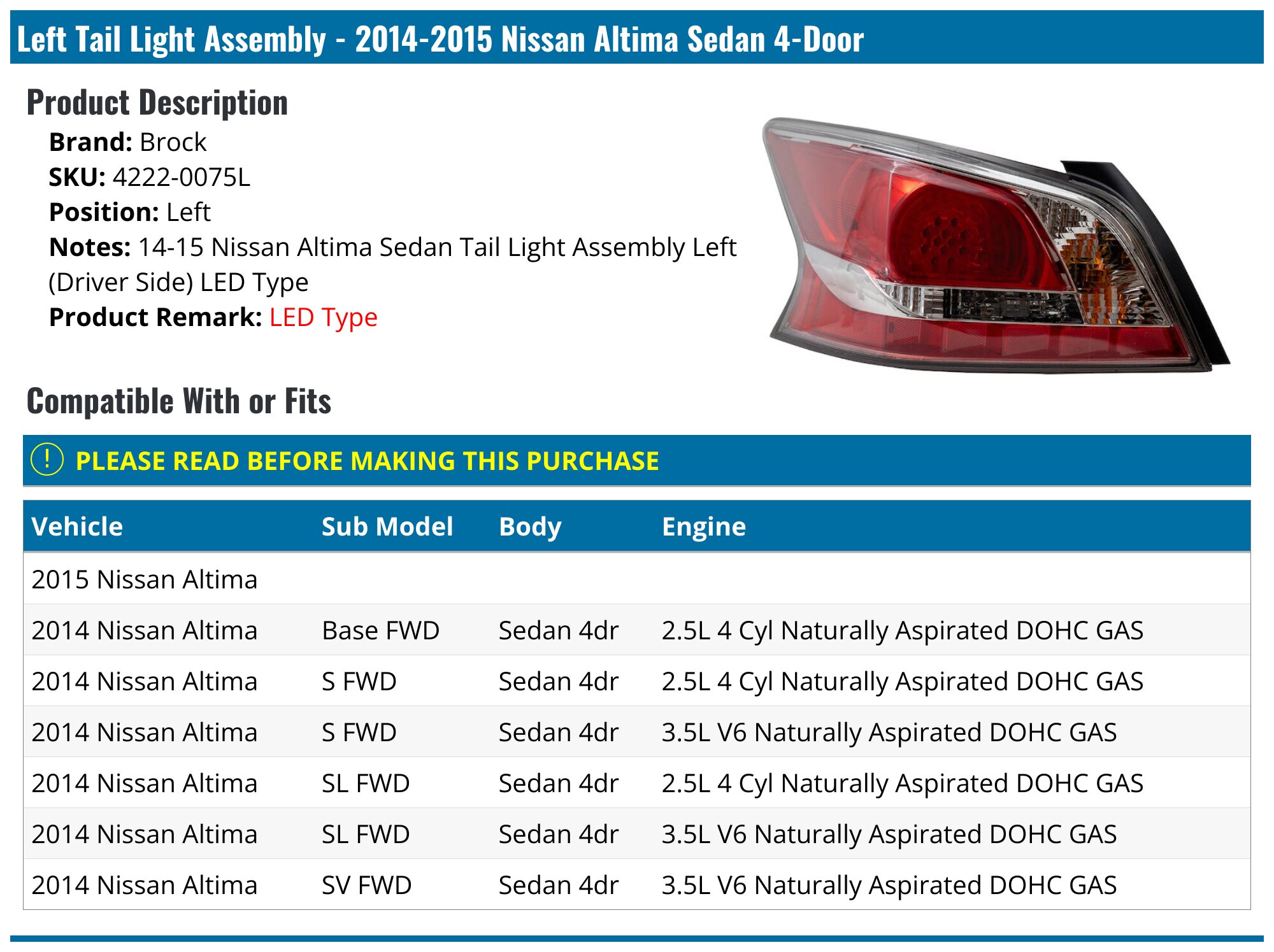 2014-2015 Nissan Altima Tail Light Assembly - Brock 4222-0075L - Left ...