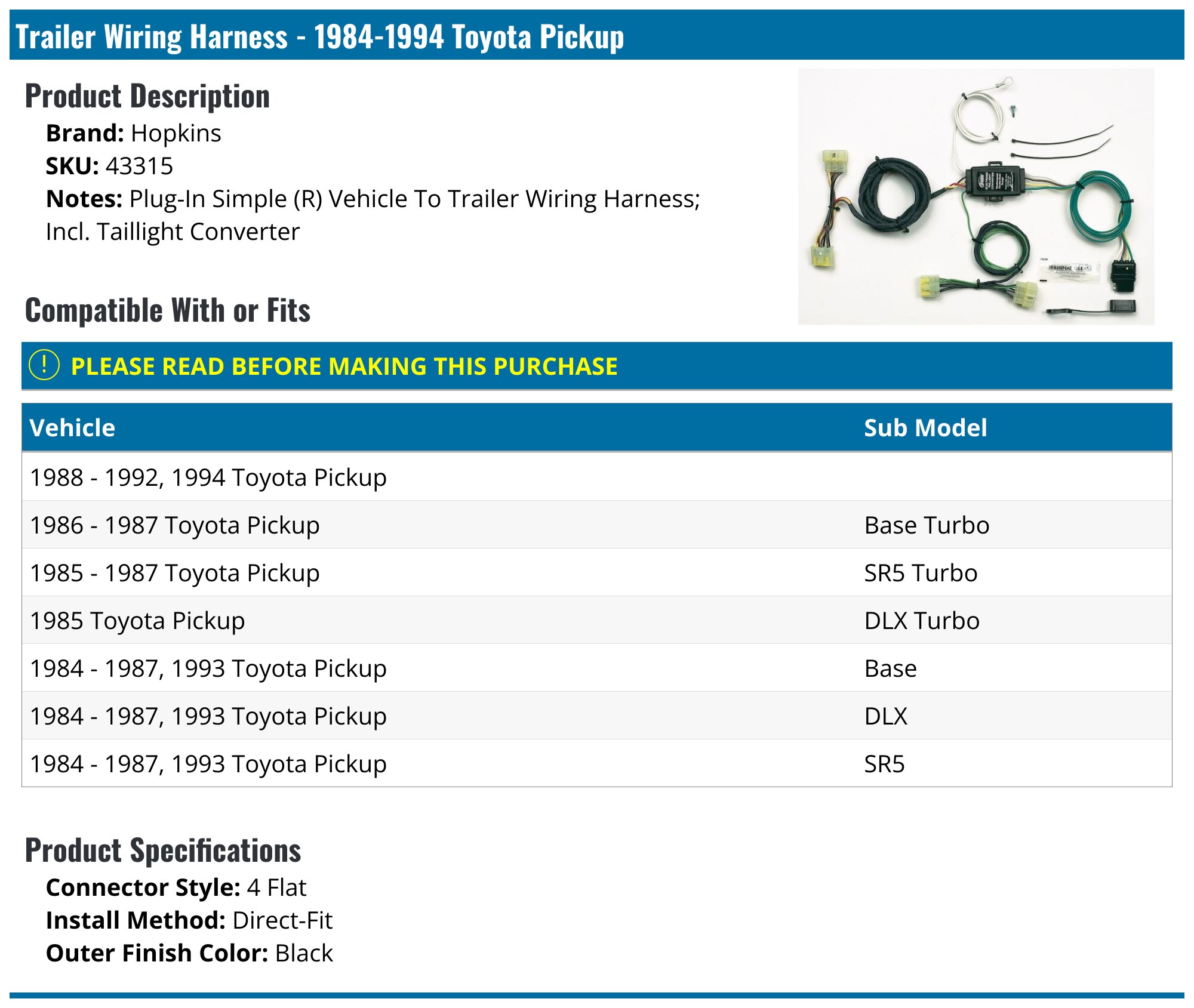 1984-1994 Toyota Pickup Trailer Wiring Harness - Hopkins 43315 ...