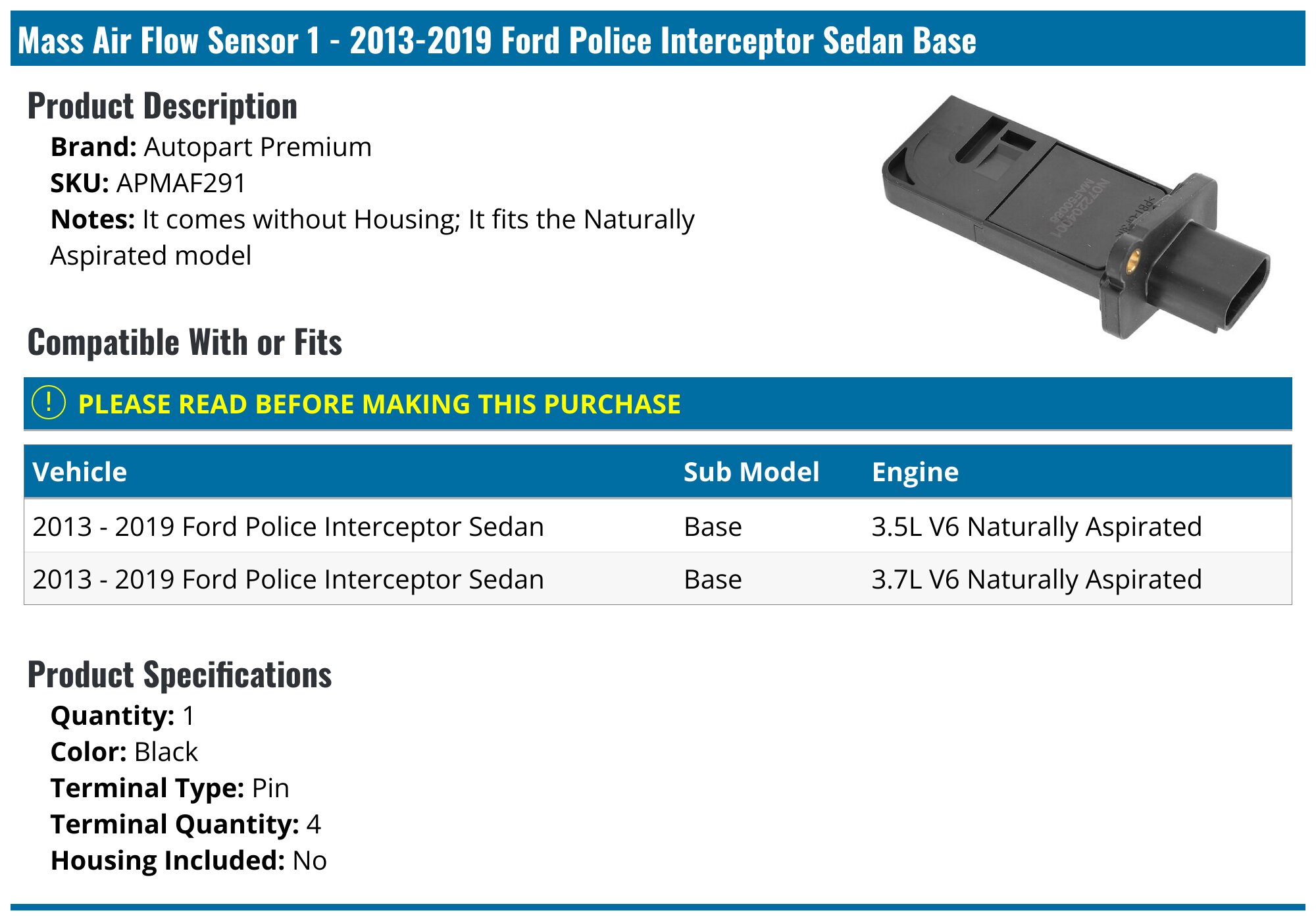2013-2019 Ford Police Interceptor Sedan Air Mass Sensor - Autopart ...