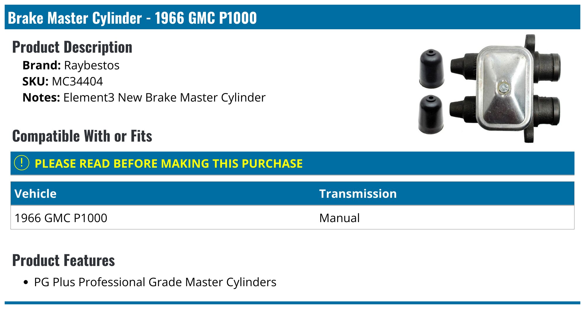 1966 GMC P1000 Brake Master Cylinder - Raybestos MC34404 - - PartsGeek.com