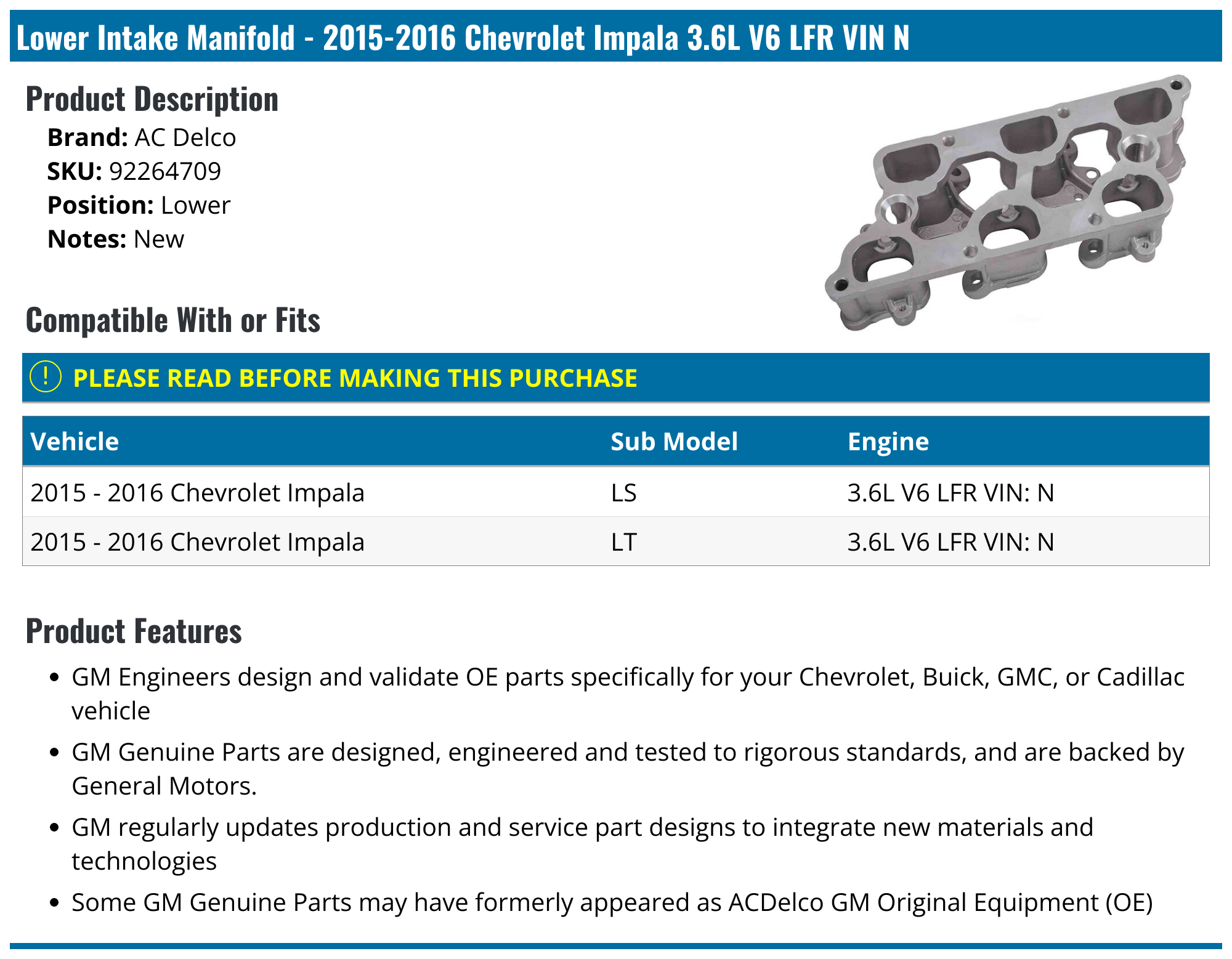 2015-2016 Chevrolet Impala Intake Manifold - AC Delco 92264709 - Lower ...