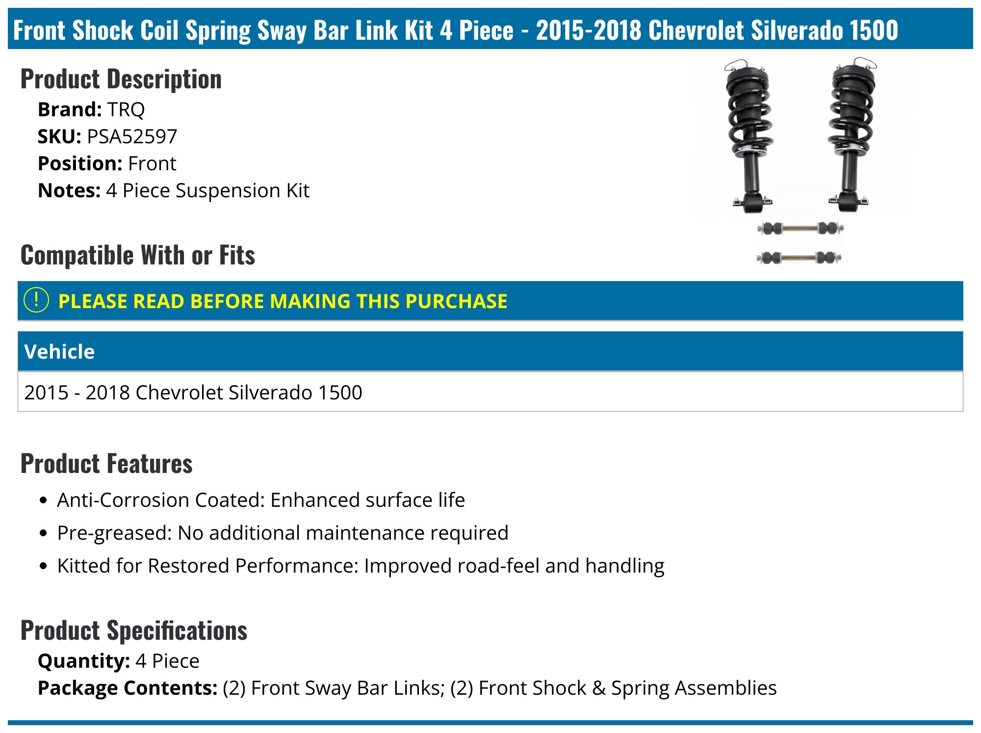 2015-2018 Chevrolet Silverado 1500 Shock Absorber - TRQ PSA52597 ...