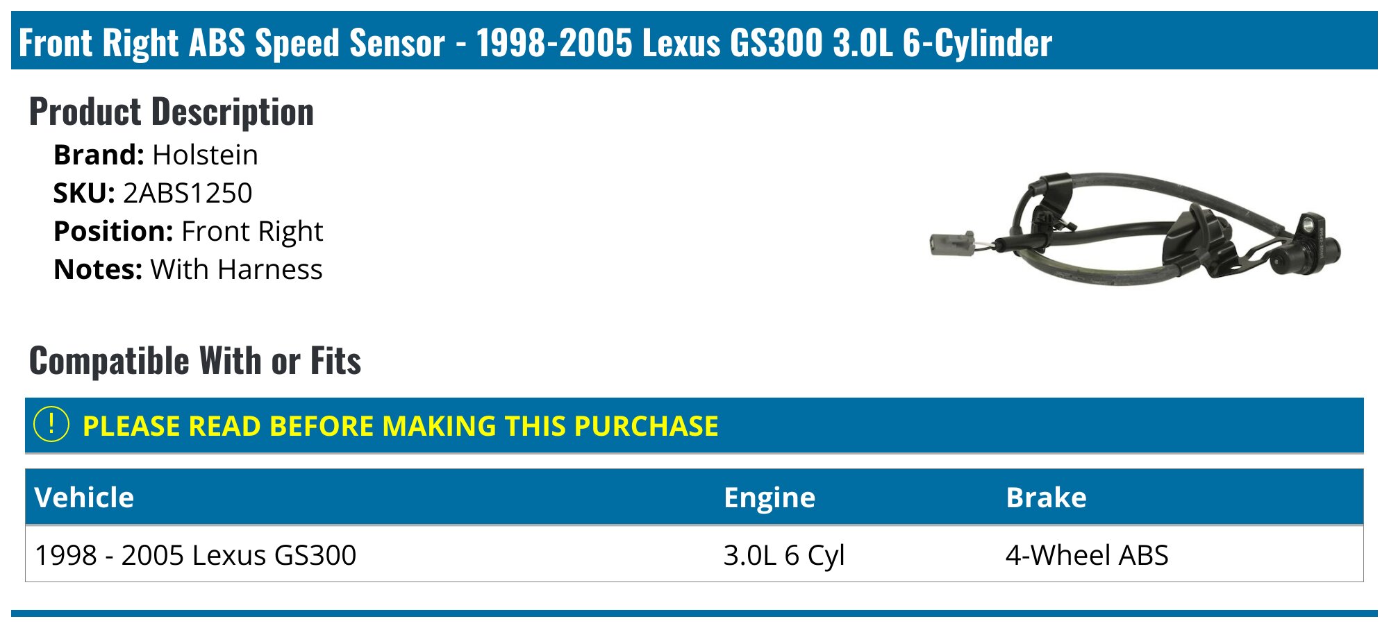 1998-2005 Lexus GS300 ABS Speed Sensor - Holstein 2ABS1250 - Front ...