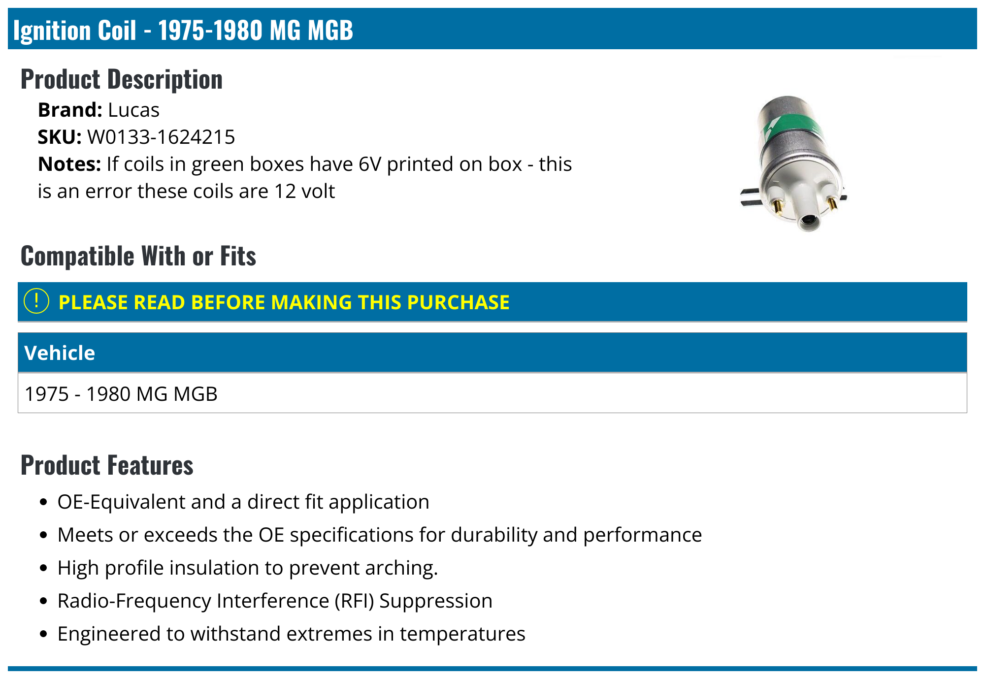 1975-1980 MG MGB Ignition Coil - Lucas W0133-1624215 - PartsGeek.com