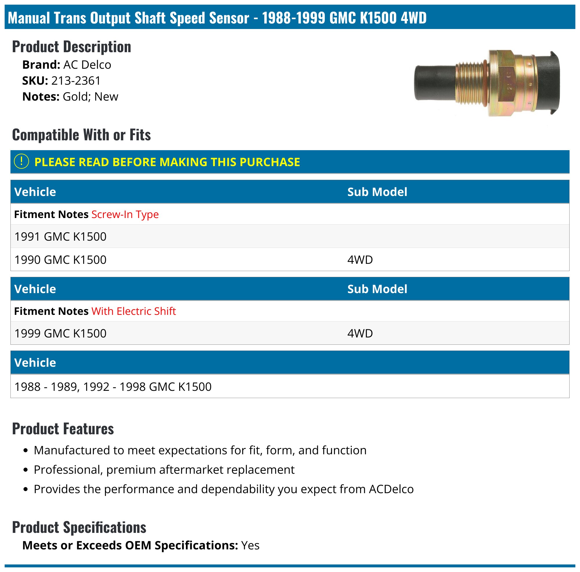 1988-1999 GMC K1500 Manual Trans Output Shaft Speed Sensor - AC Delco ...