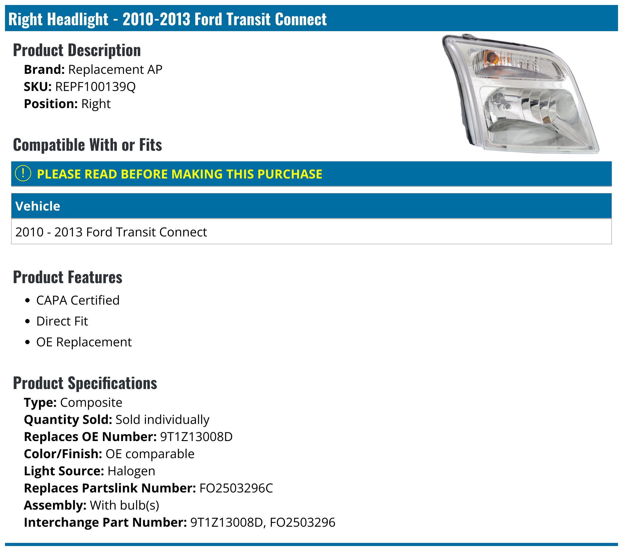 2010-2013 Ford Transit Connect Headlight Assembly - Replacement AP ...