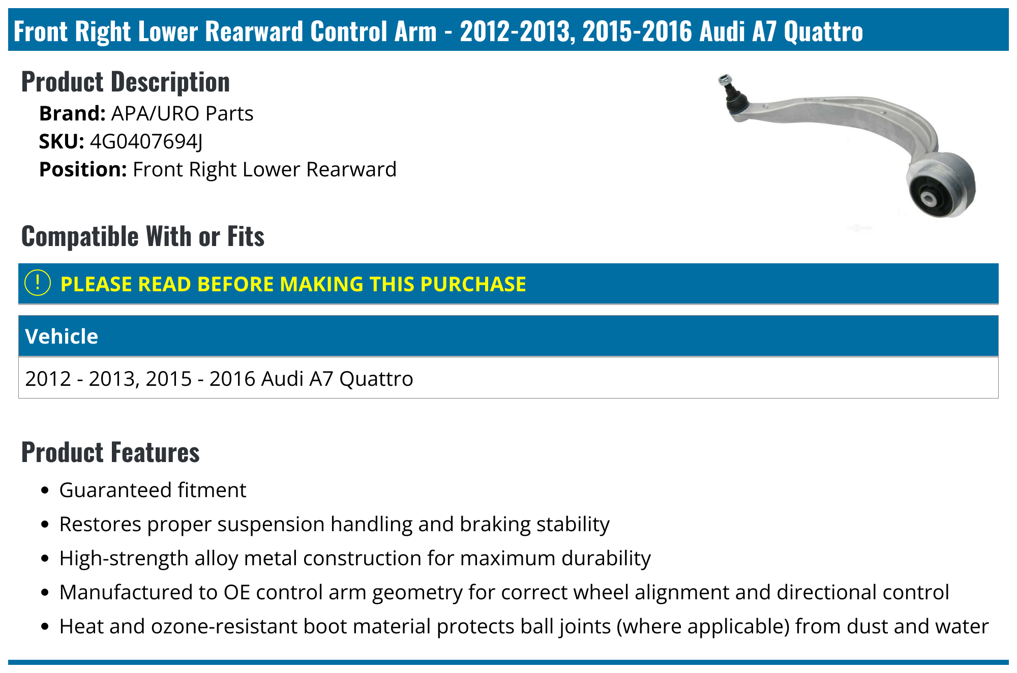 2012-2013, 2015-2018 Audi A7 Quattro Control Arm - APA/URO Parts ...
