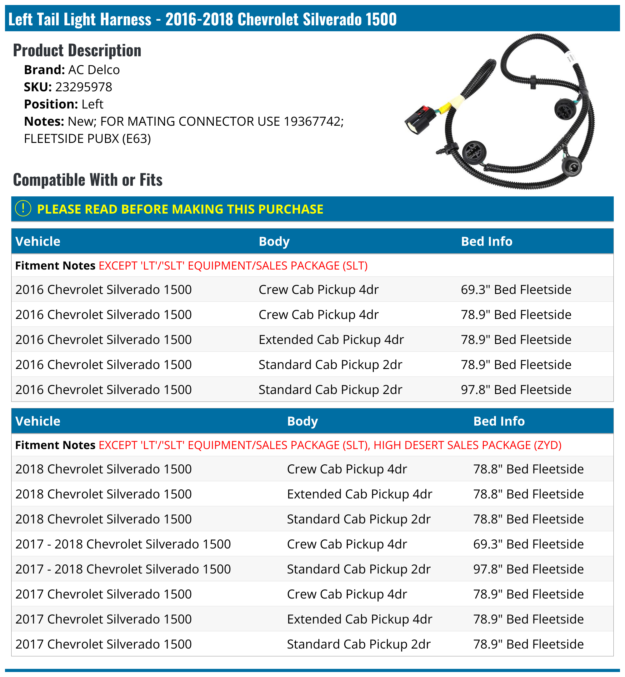 2016-2018 Chevrolet Silverado 1500 Tail Light Harness - AC Delco ...