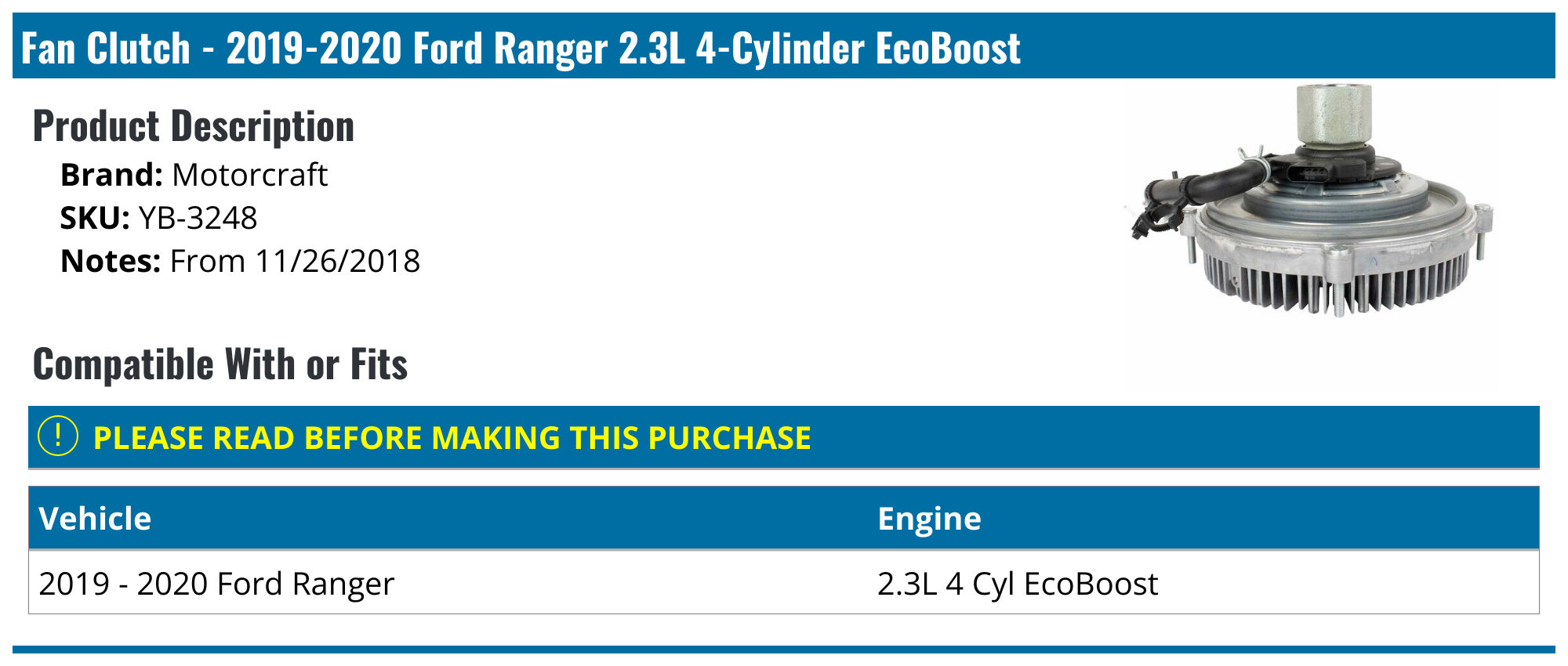 2019-2020 Ford Ranger Fan Clutch - Motorcraft YB-3248 - PartsGeek.com