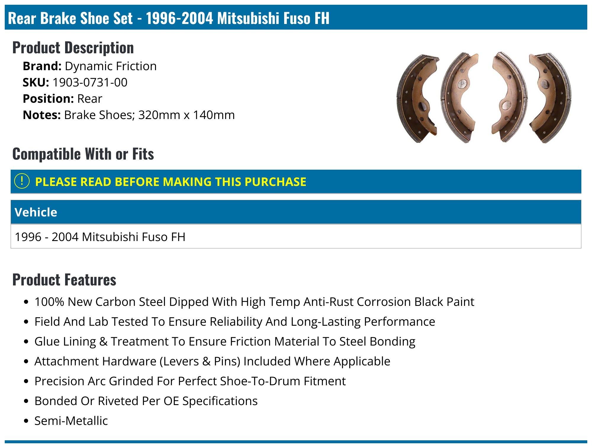 1996-2004 Mitsubishi Fuso FH Brake Shoe Set - Dynamic Friction 1903 ...