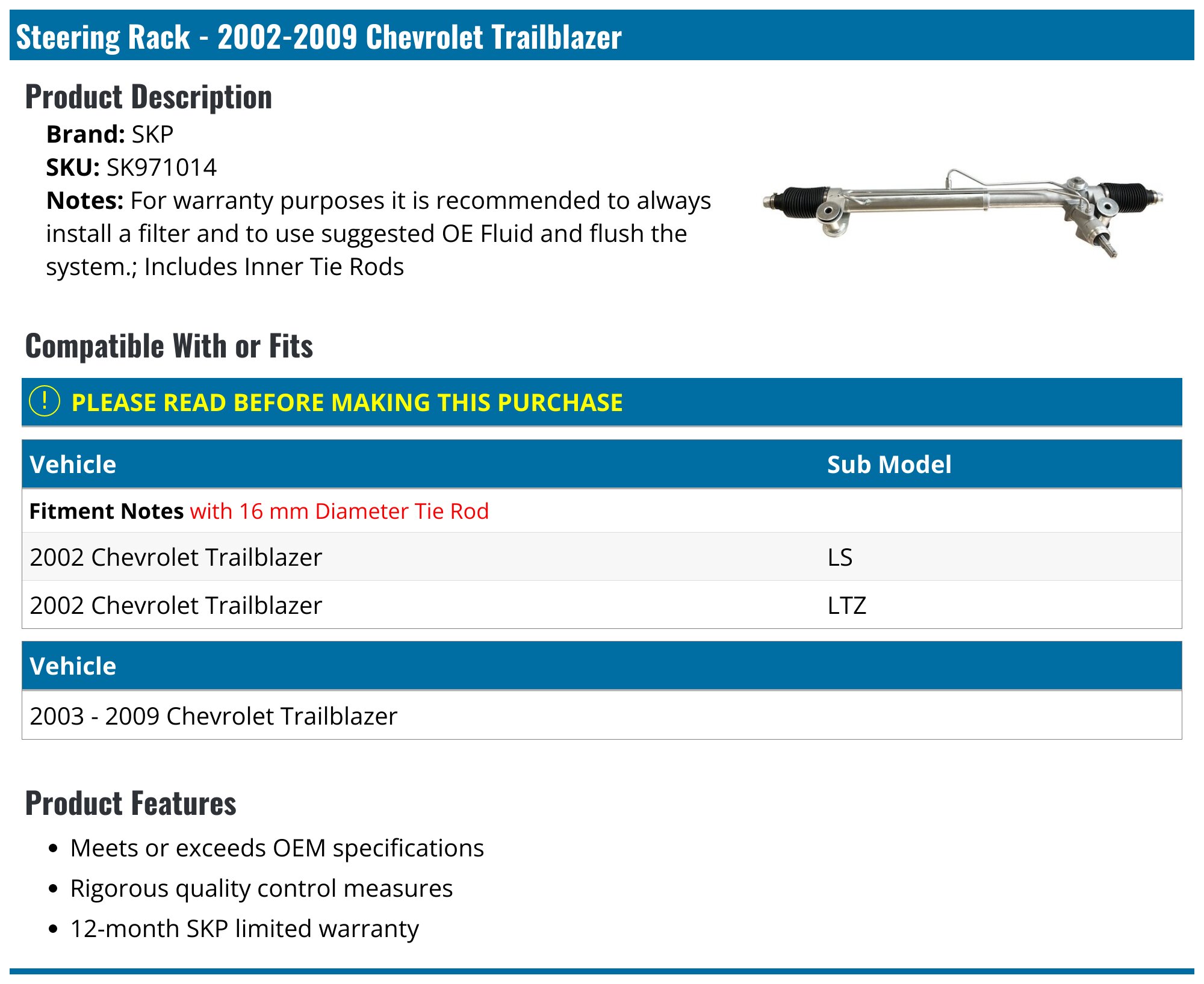 2002-2009 Chevrolet Trailblazer Steering Rack - SKP SK971014 ...