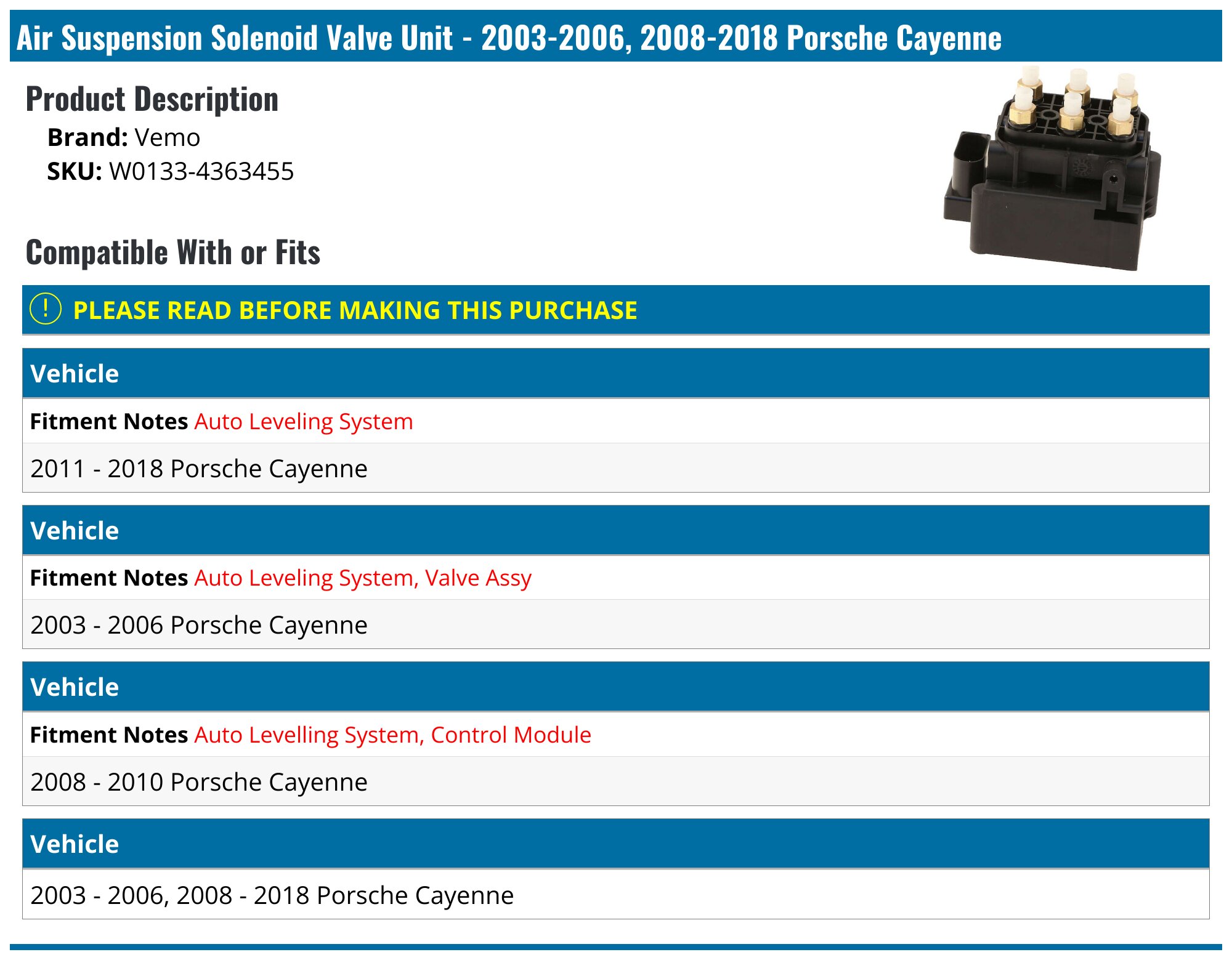 2003-2006, 2008-2018 Porsche Cayenne Air Suspension Solenoid Valve Unit ...