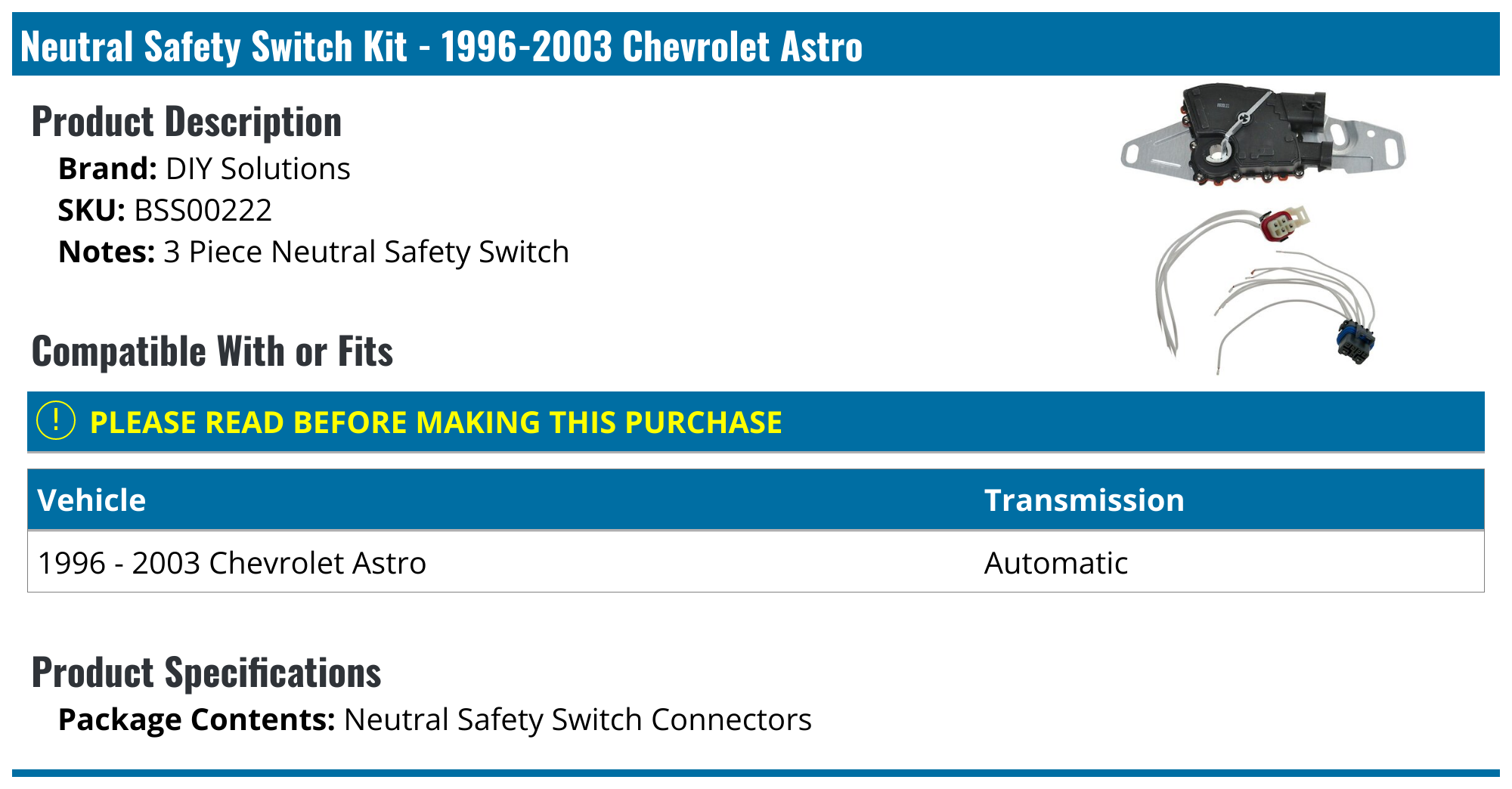 1996-2003 Chevrolet Astro Neutral Safety Switch Kit - DIY Solutions ...