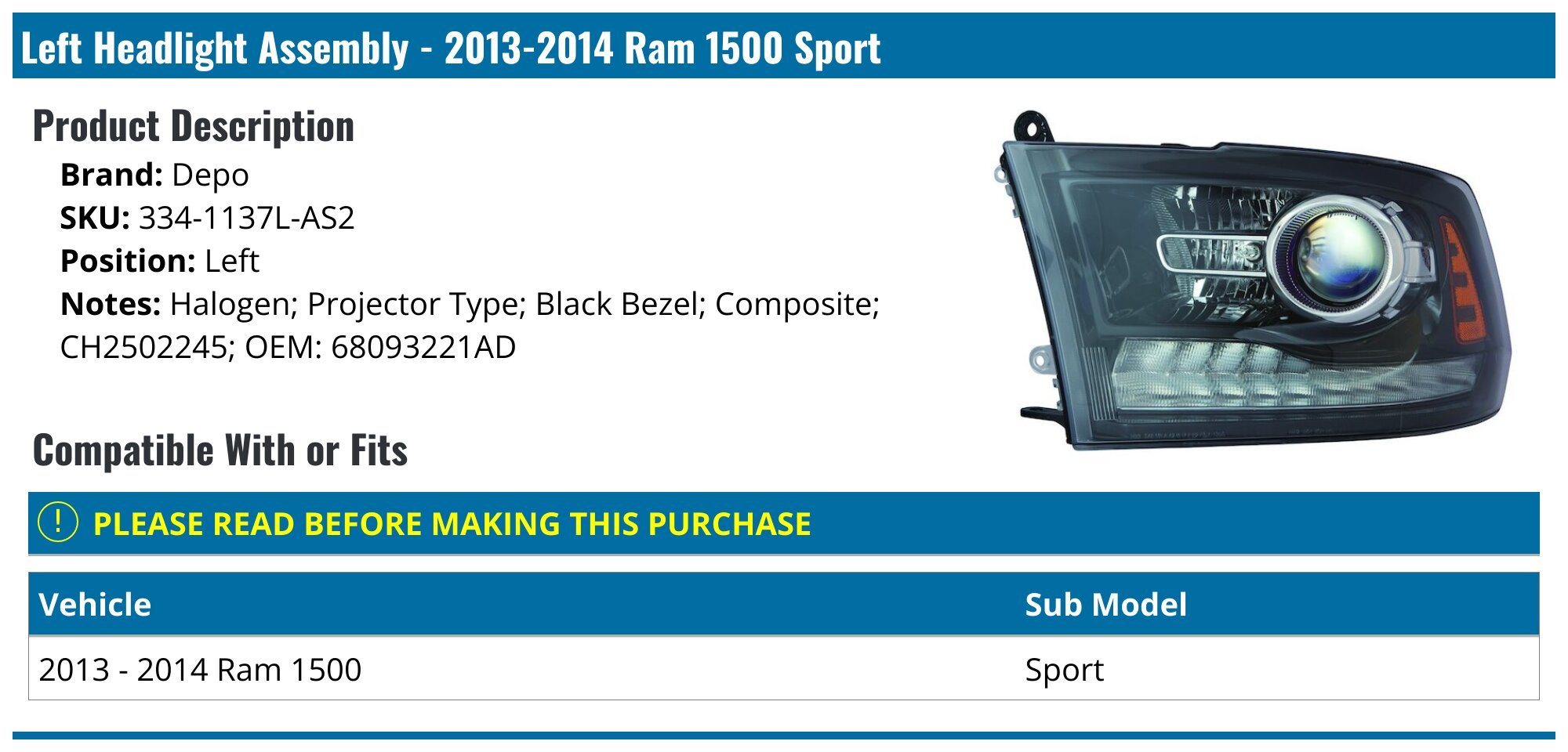 2013-2014 Ram 1500 Headlight Assembly - Depo 334-1137L-AS2 - Left ...