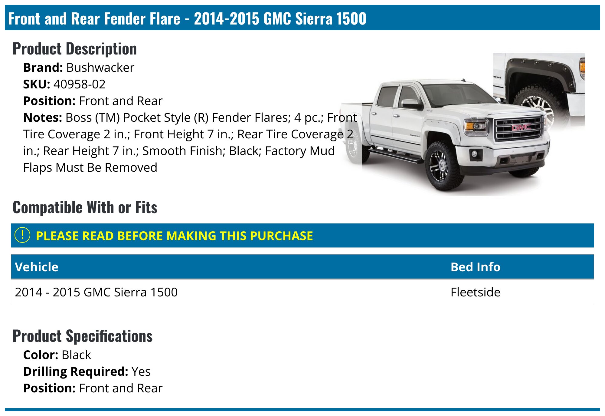 2014-2015 GMC Sierra 1500 Fender Flare - Bushwacker 40958-02 - Front ...