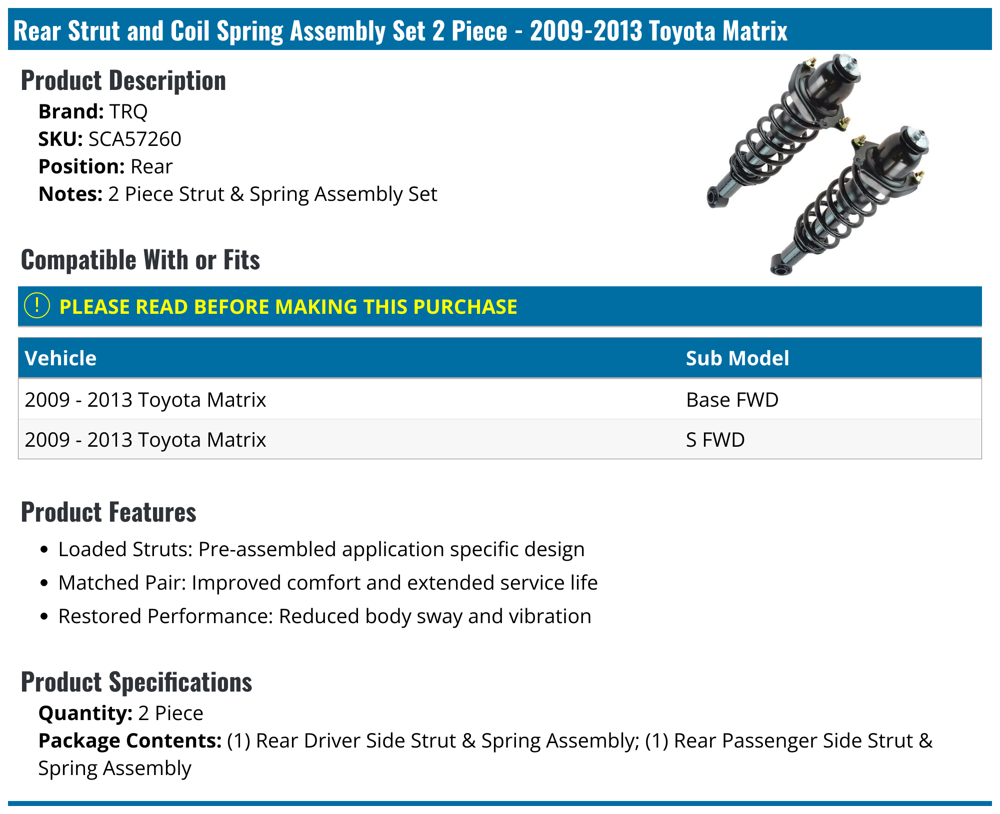 2009-2013 Toyota Matrix Strut Assembly - TRQ SCA57260 - Rear ...