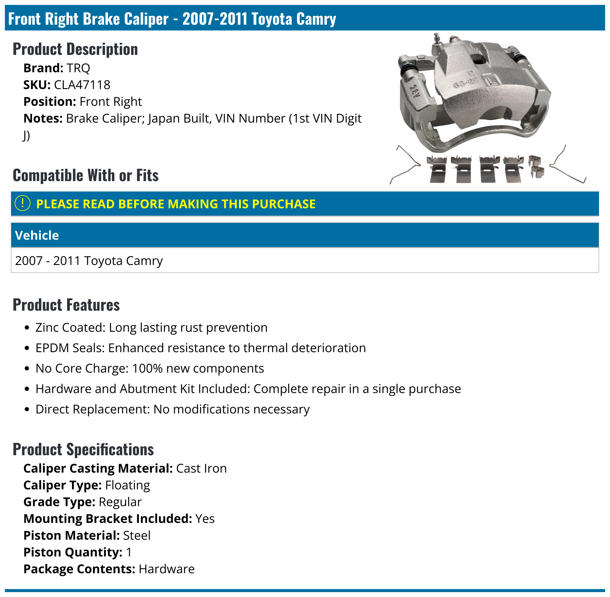 2007-2011 Toyota Camry Brake Caliper - TRQ CLA47118 - Front Right ...