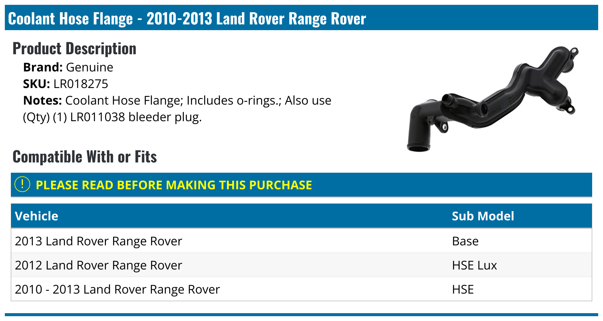2010-2013 Land Rover Range Rover Coolant Hose Flange - Genuine LR018275 ...