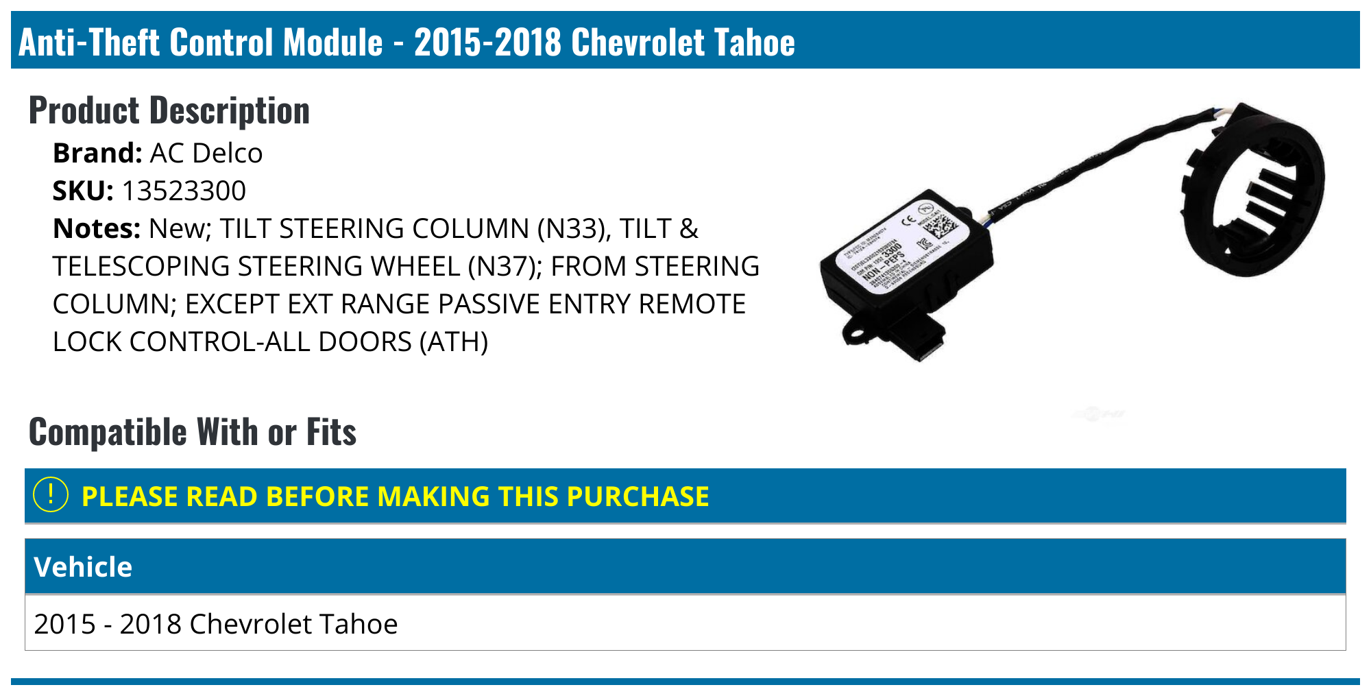 2015-2018 Chevrolet Tahoe Anti-Theft Control Module - AC Delco 13523300 ...