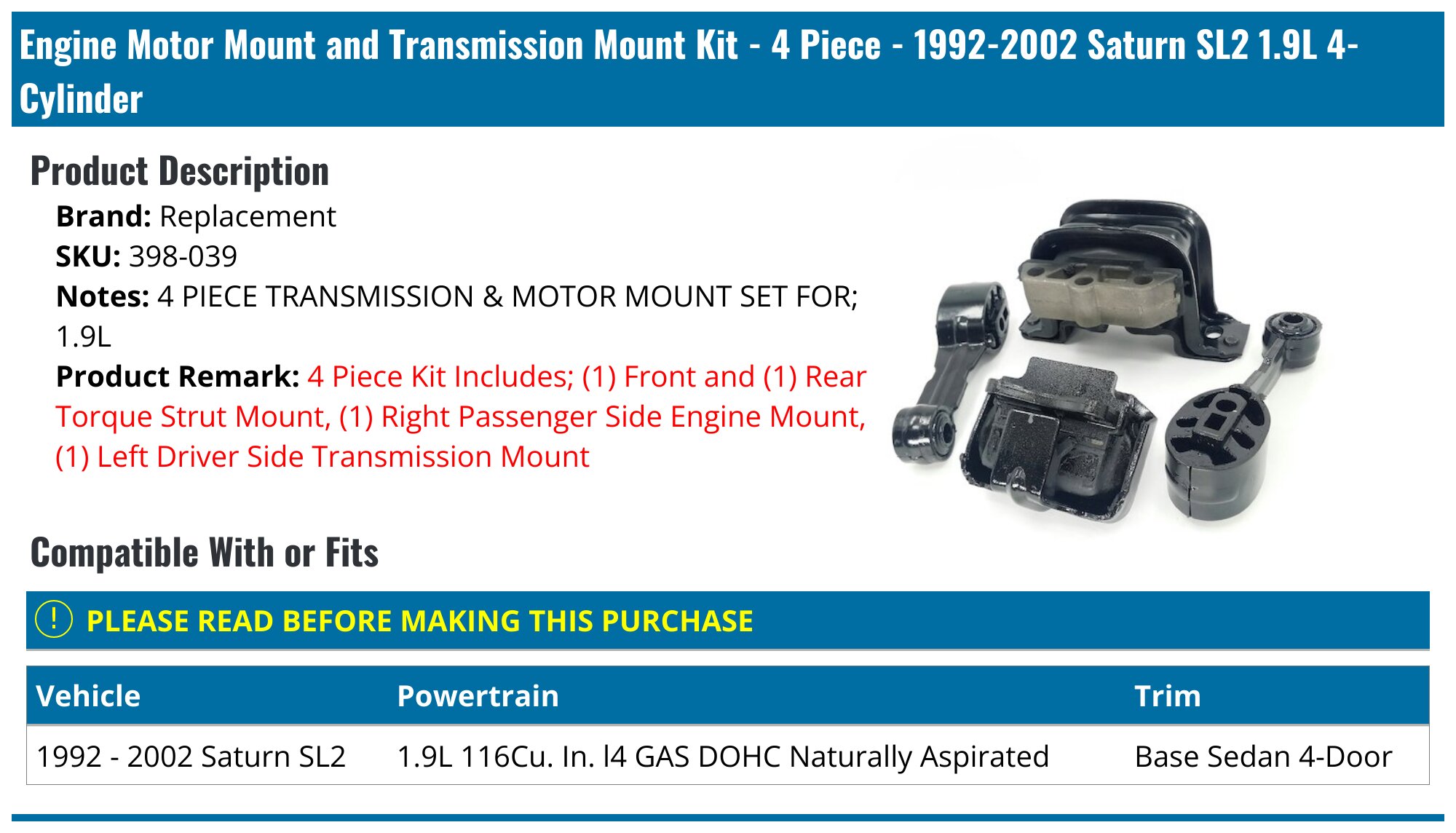 1992-2002 Saturn SL2 Engine Mount - Replacement 398-039 - PartsGeek.com