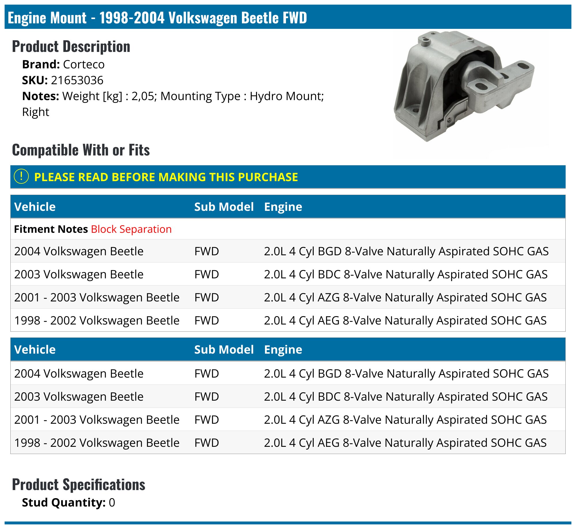 1998-2004 Volkswagen Beetle Engine Mount - Corteco 21653036 - Right ...