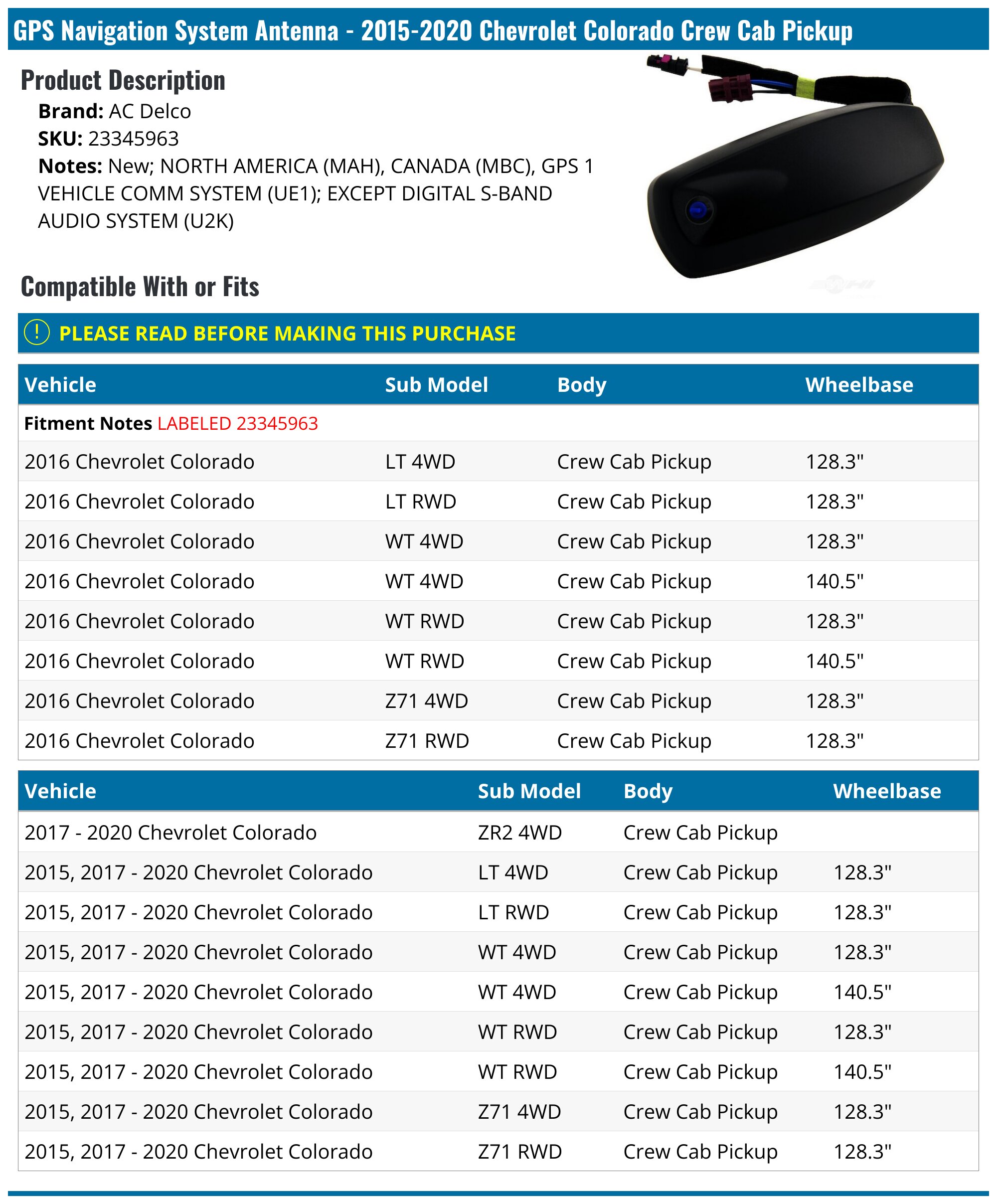 2015-2020 Chevrolet Colorado GPS Navigation System Antenna - AC Delco ...