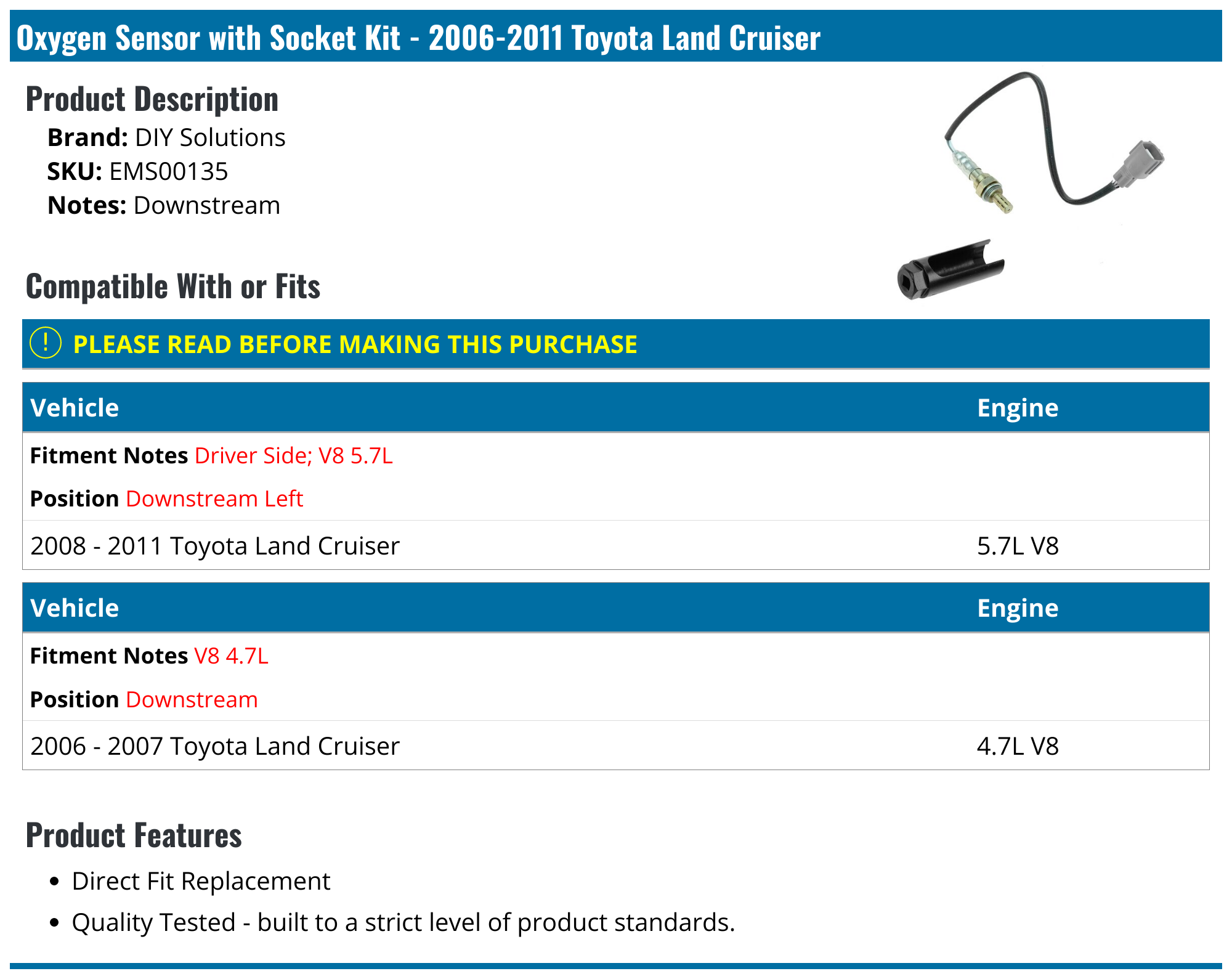 2006-2011 Toyota Land Cruiser Oxygen Sensor - DIY Solutions EMS00135 ...