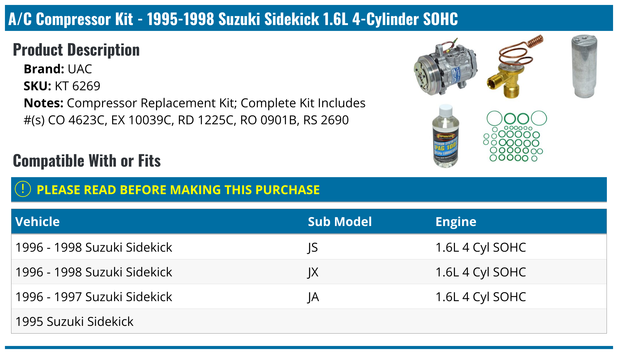 1995-1998 Suzuki Sidekick A/C Compressor - UAC KT 6269 - PartsGeek.com