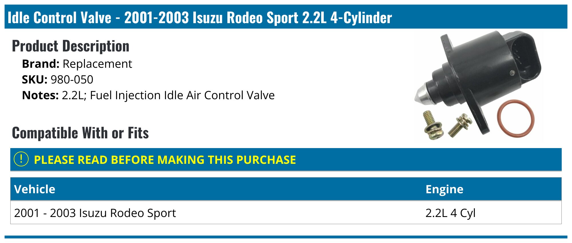 2001-2003 Isuzu Rodeo Sport Idle Control Valve - Replacement 980-050 ...