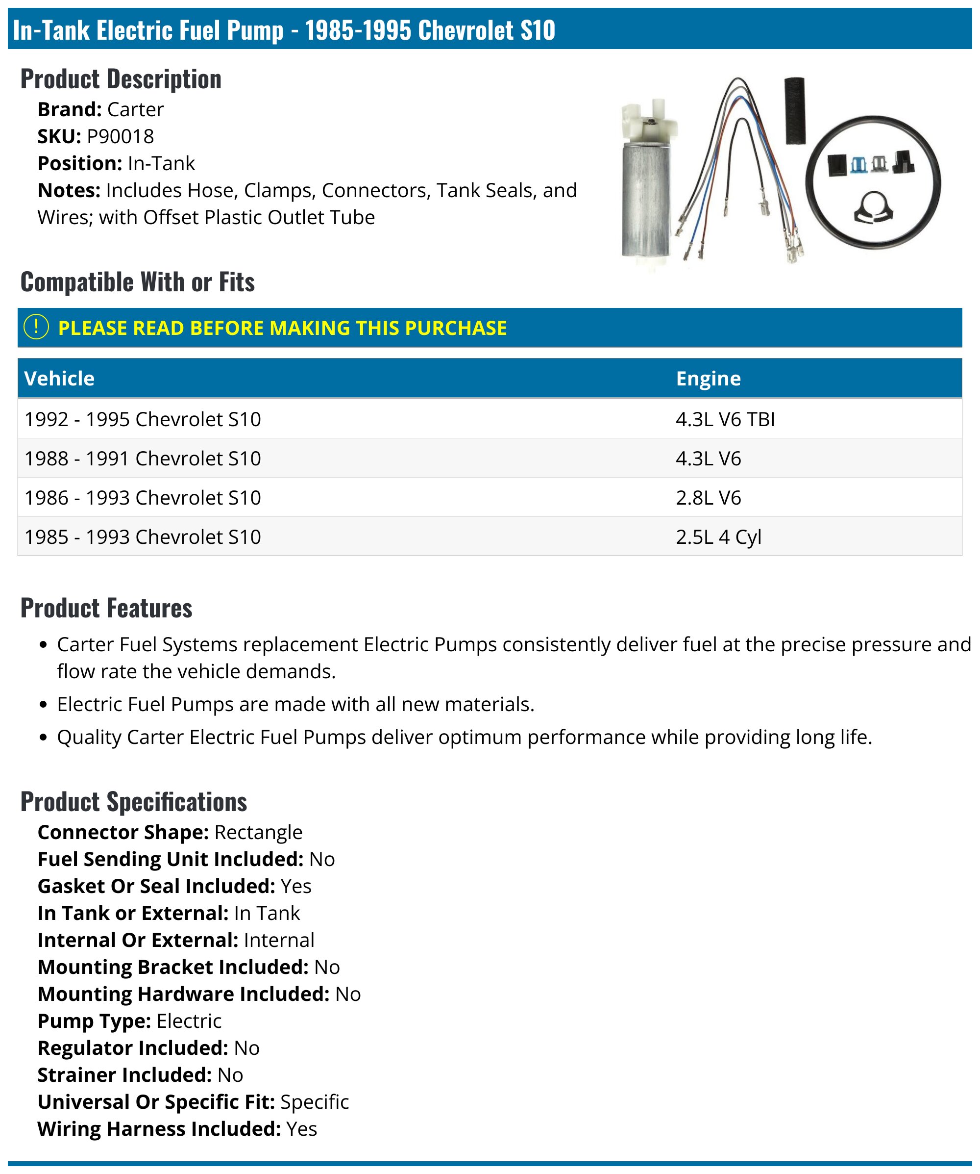 1985-1995 Chevrolet S10 Fuel Pump - Carter P90018 - PartsGeek.com