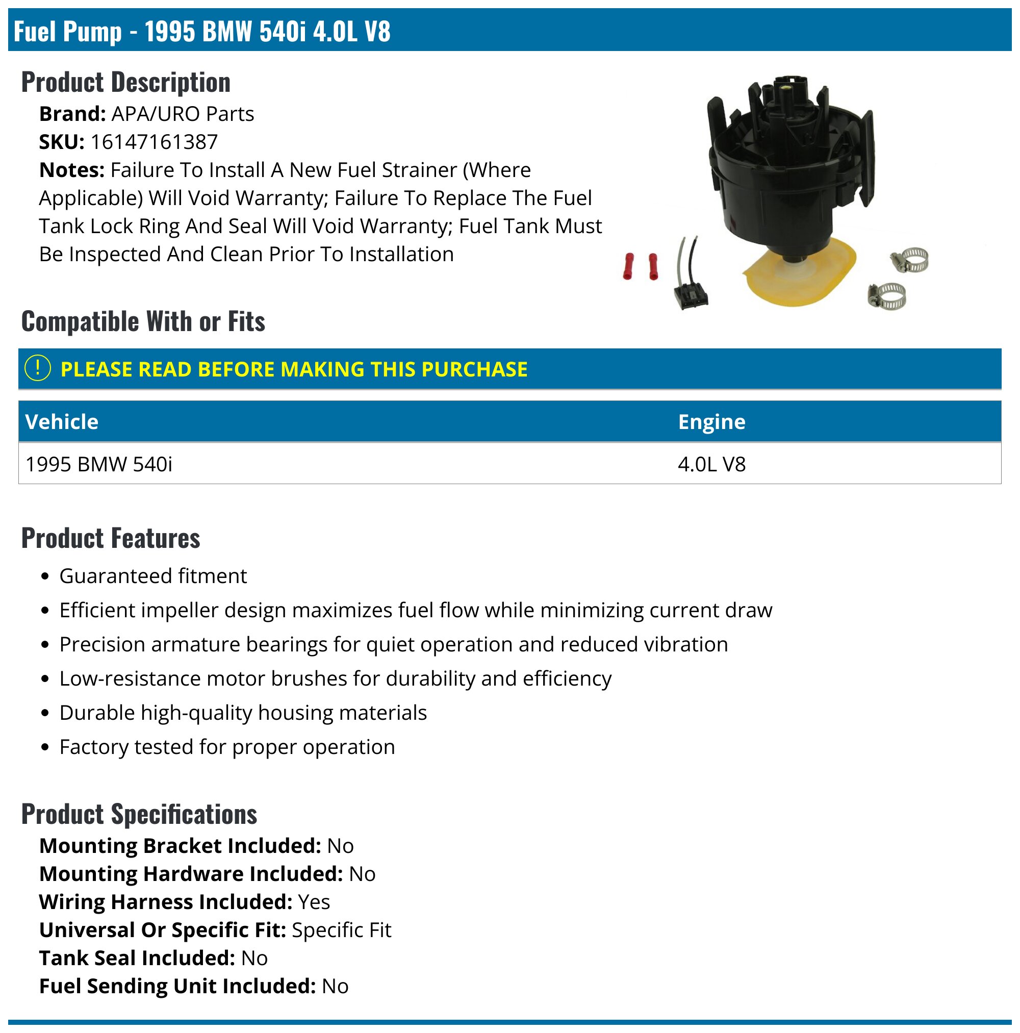 1995 BMW 540i Fuel Pump - APA/URO Parts 16147161387 - PartsGeek.com